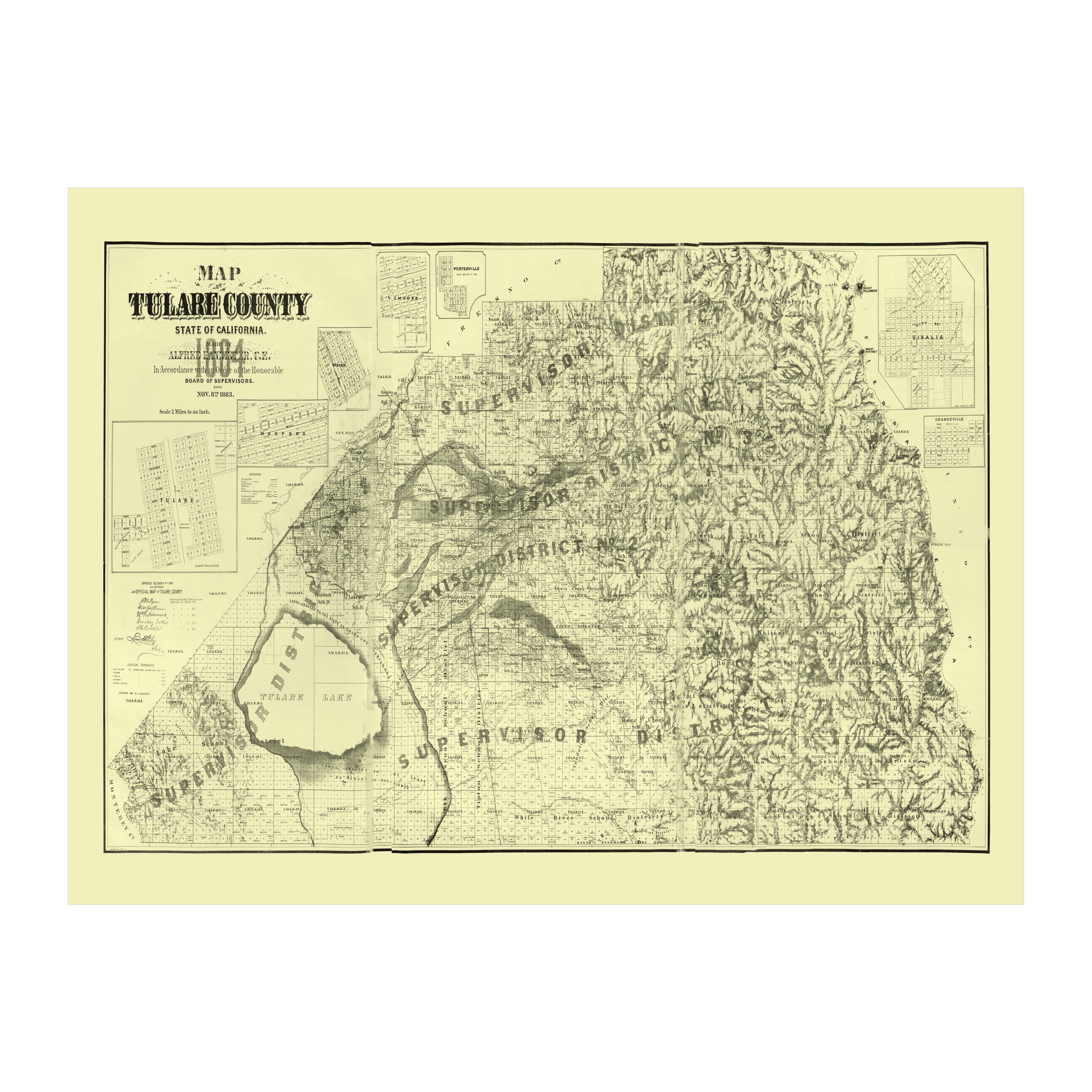 Tulare County California Art, 1884 Vintage Map of Tulare County CA ...