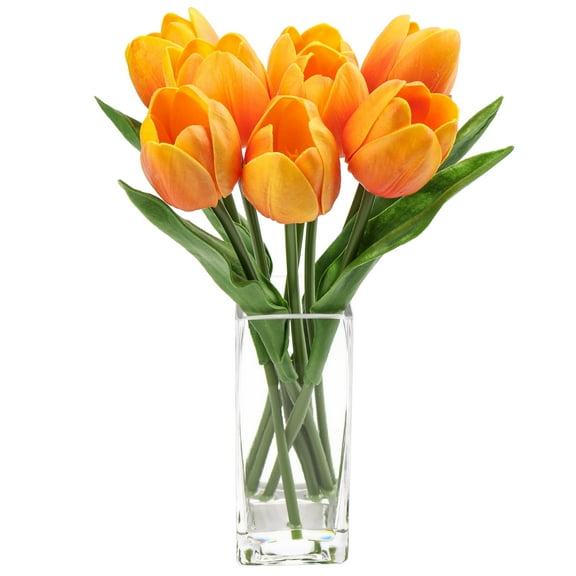 20 Pcs Artificial Real Touch Tulips Flowers in Glass Vase, Orange Tulip ...