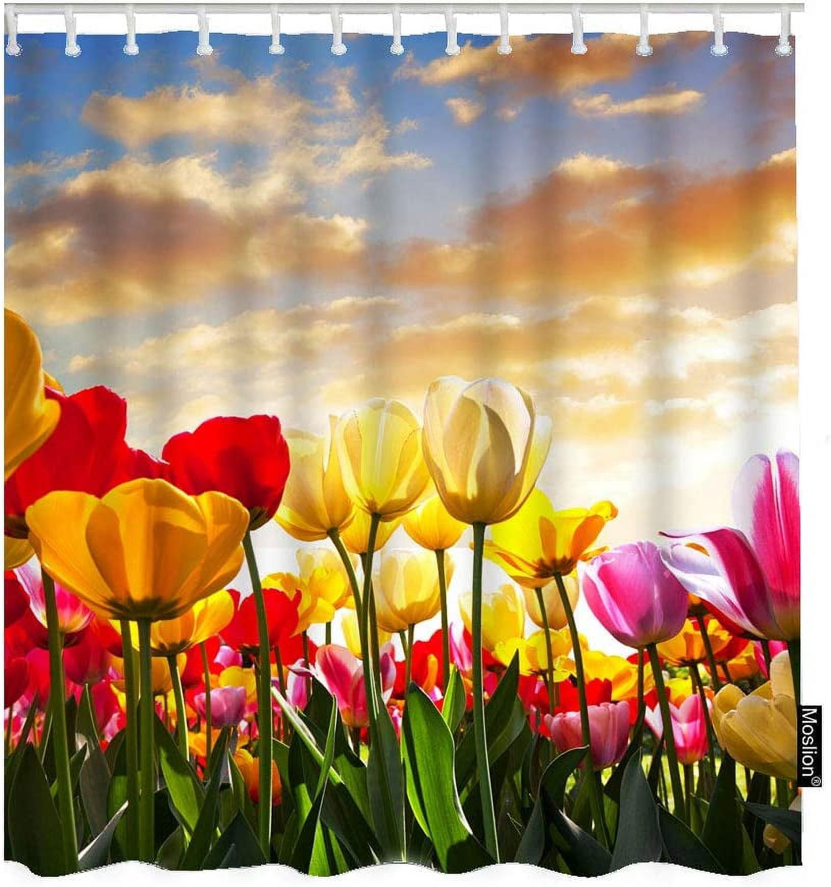 Tulip Bath Shower Curtain Set Floral Field Sunset Cloud Pink Yellow ...