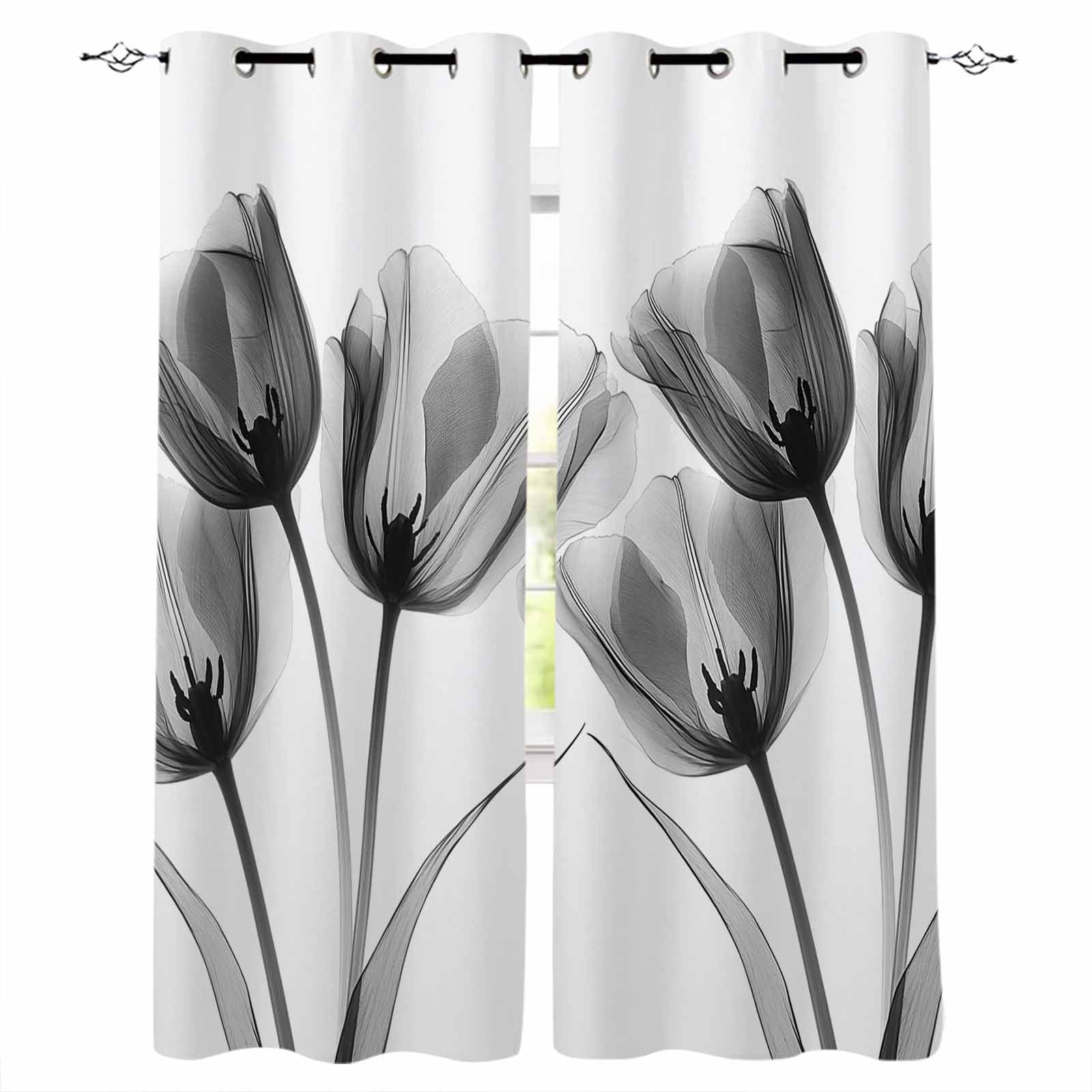 Tulip Black White Blackout Curtains 63 Inches Long for Bedroom, Spring ...