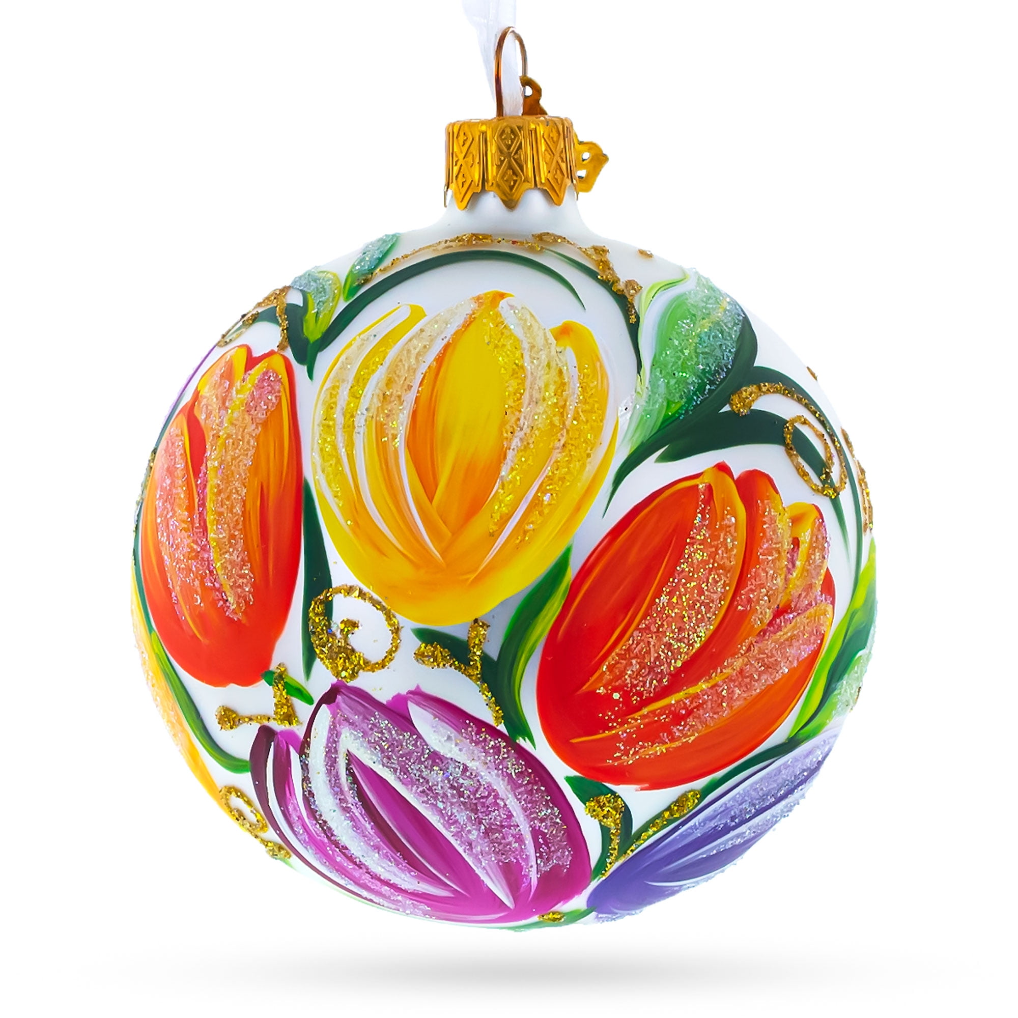 Tulip Bouquet on White Glass Ball Christmas Ornament 3.25 Inches ...