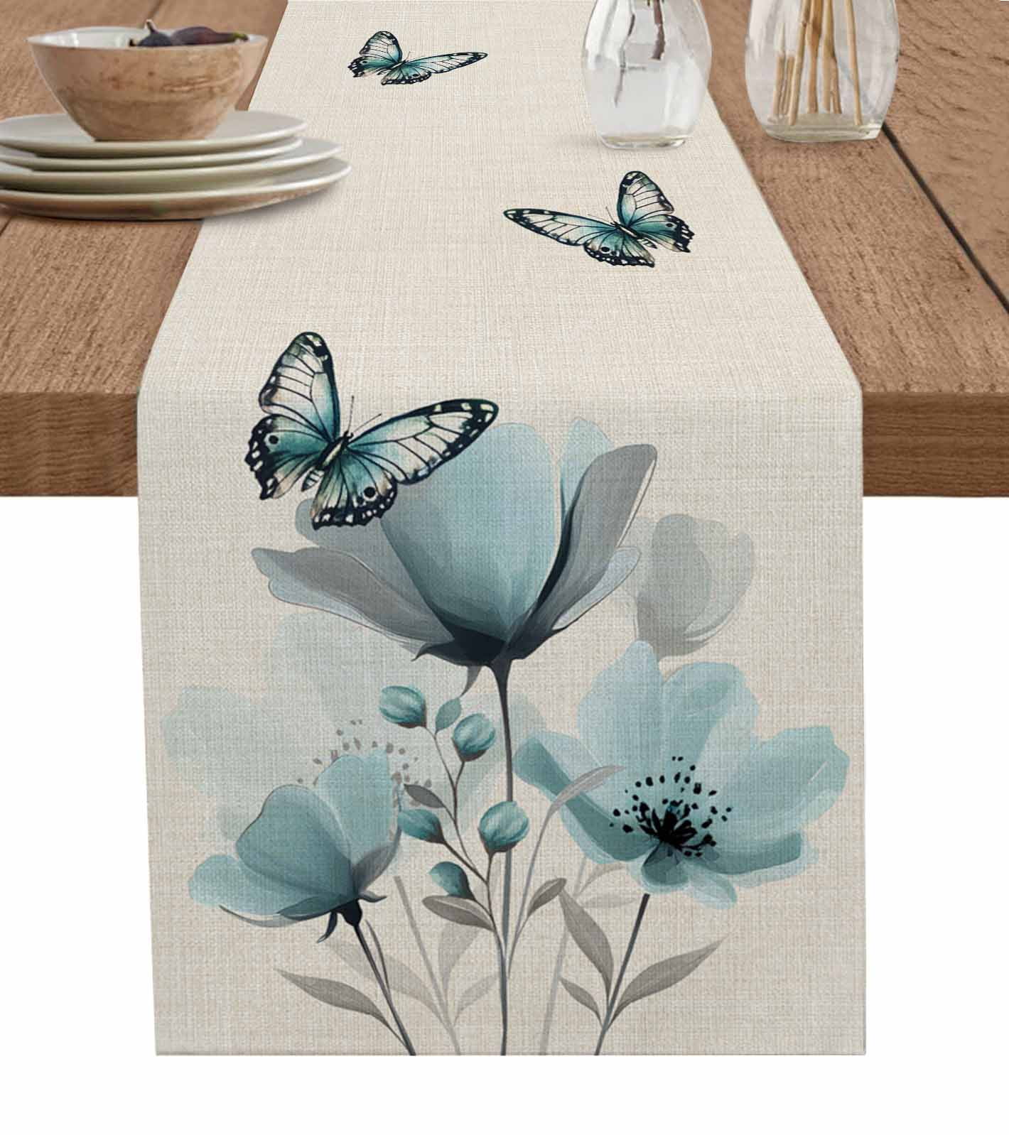 Tulip Butterfly Burlap Cotton Table Runner 16x72 Inches Long, Vintage ...