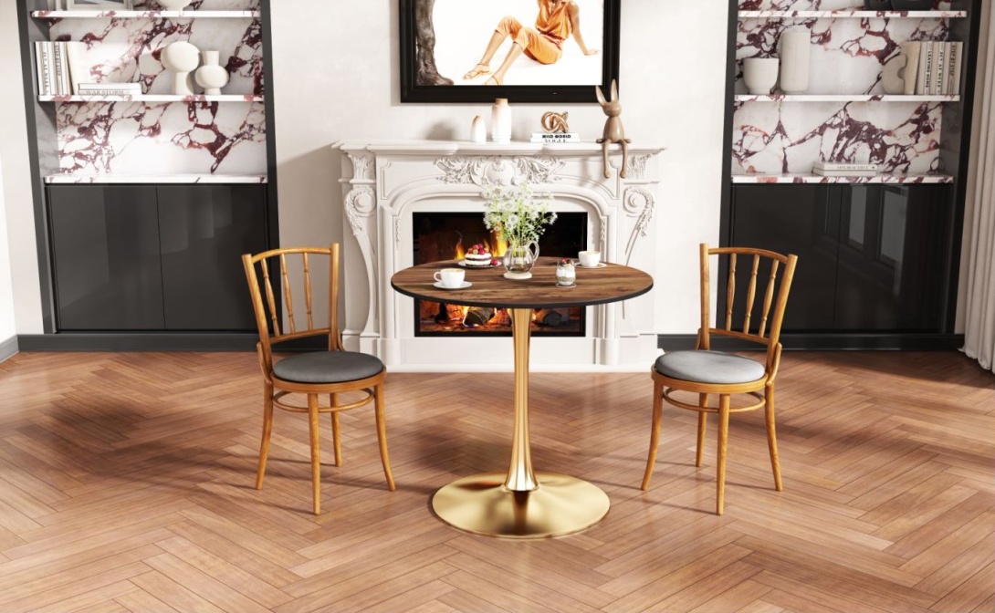 Tulip Dining Table 80cm Round Nature Wood Golden Legs For 2-3 People ...
