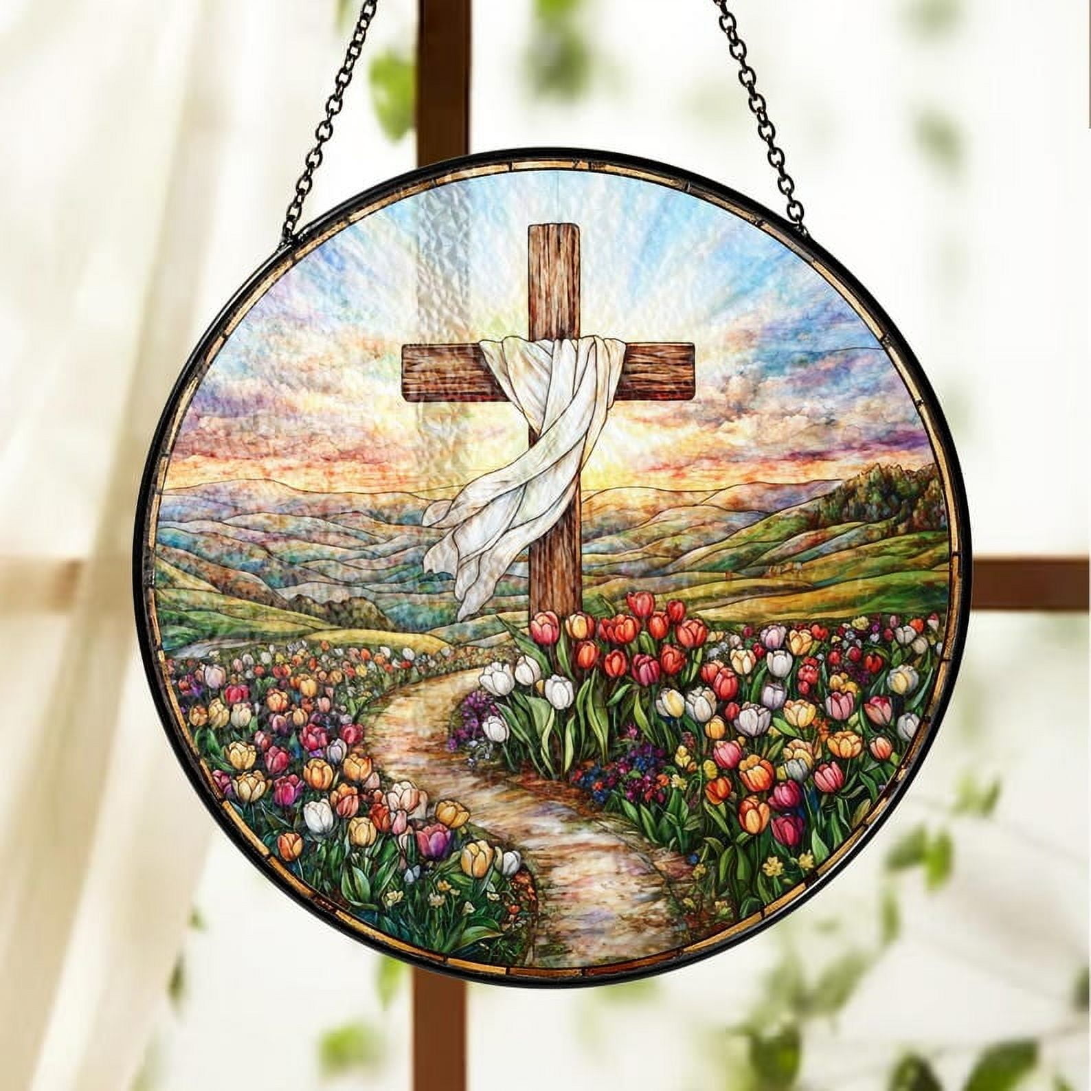 Tulip Field Cross Christian Stained Glass Suncatcher, Easter Christian ...