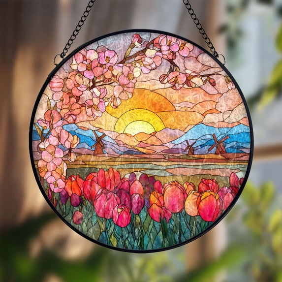 Tulip Field Glass Suncatcher, Sunrise Cherry Blossoms Spring, 3.5 in ...