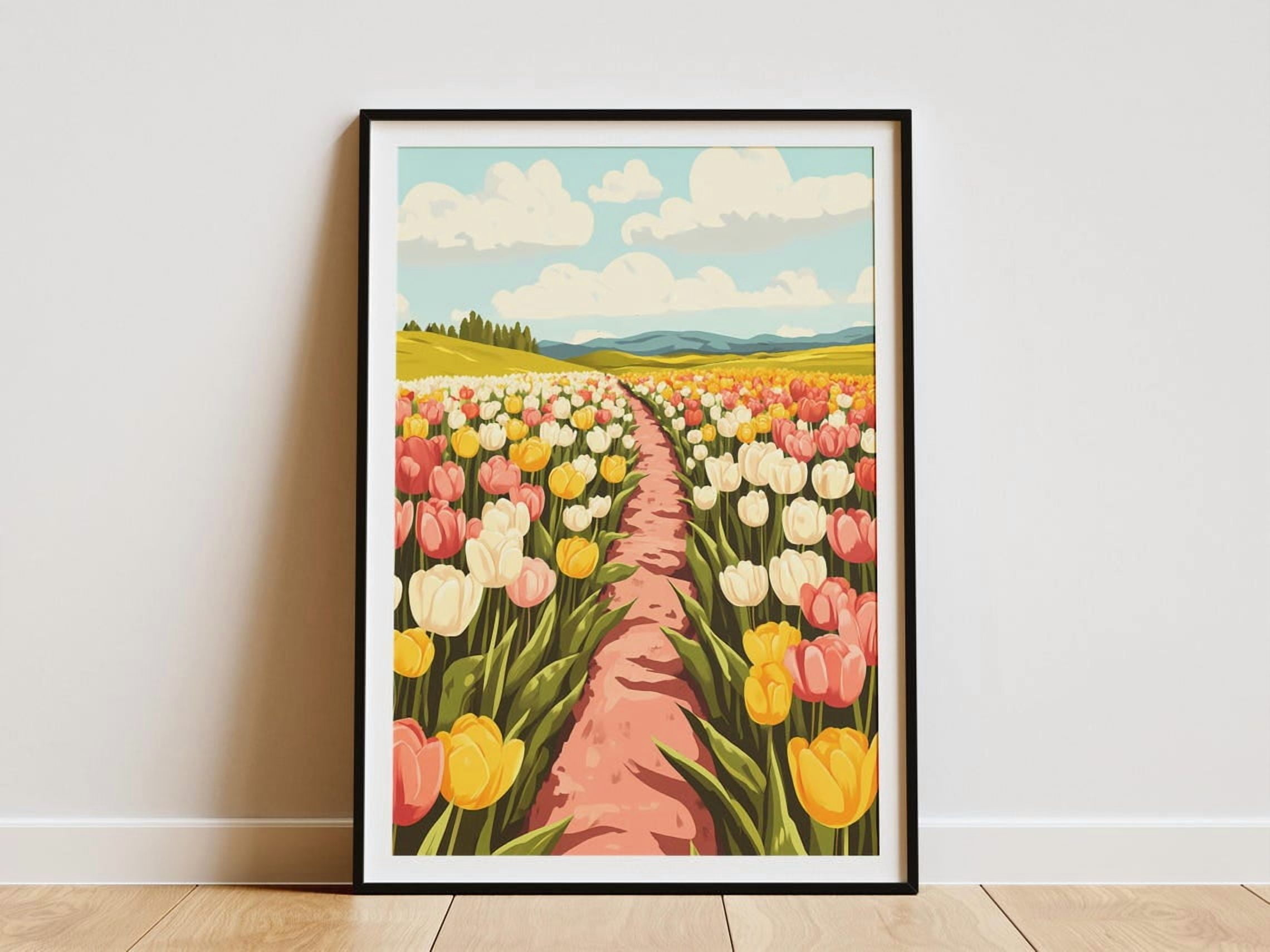 Tulip Field Spring Flowers Botanical Pink Path Nature Illustration ...