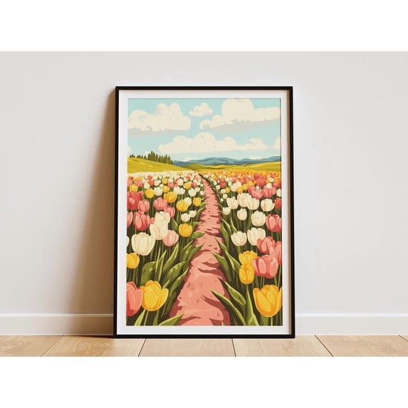 Tulip Field Spring Flowers Botanical Pink Path Nature Illustration ...