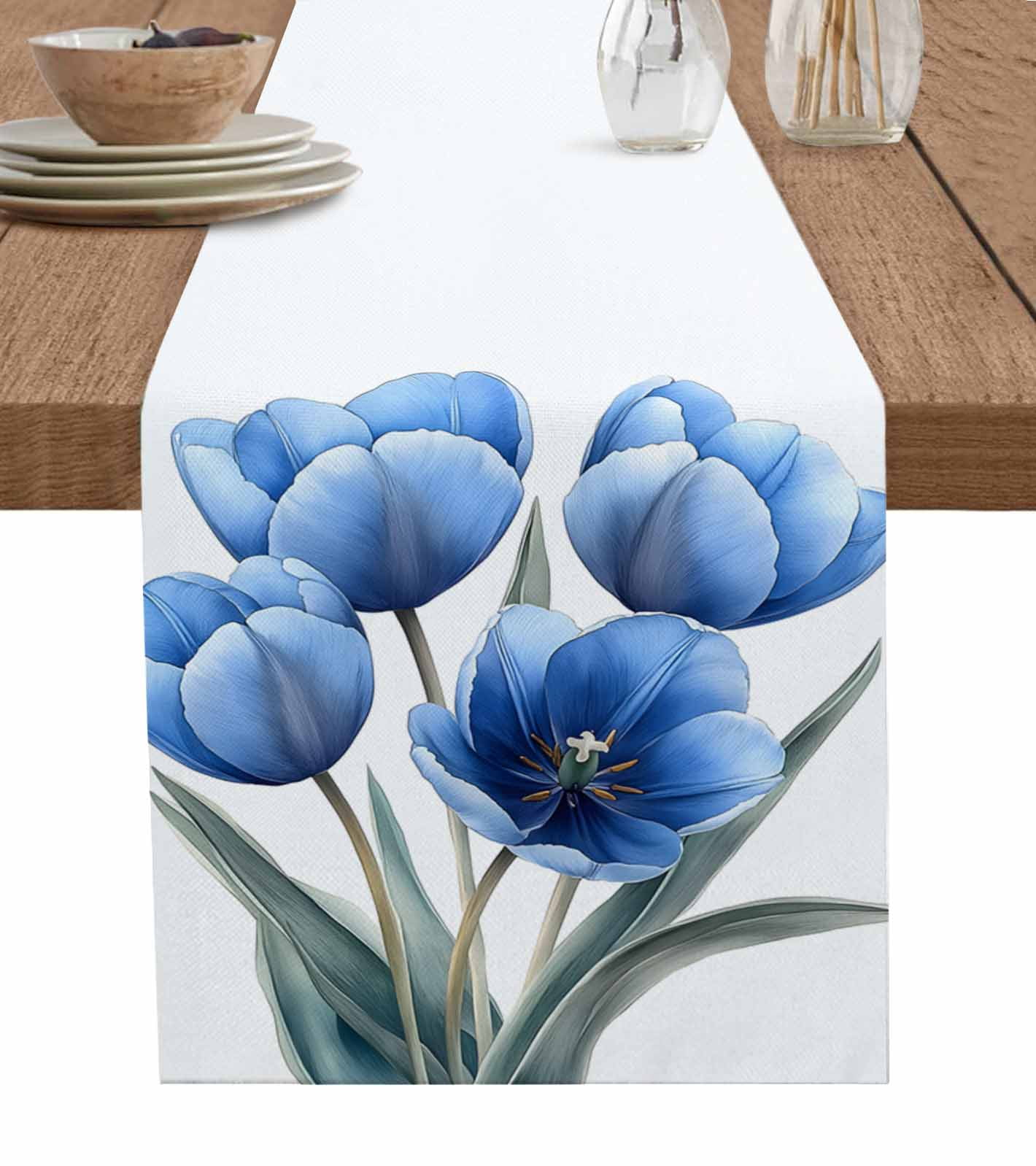 Tulip Floral Burlap Cotton Table Runner 13x60 Inches Long, Elegant ...
