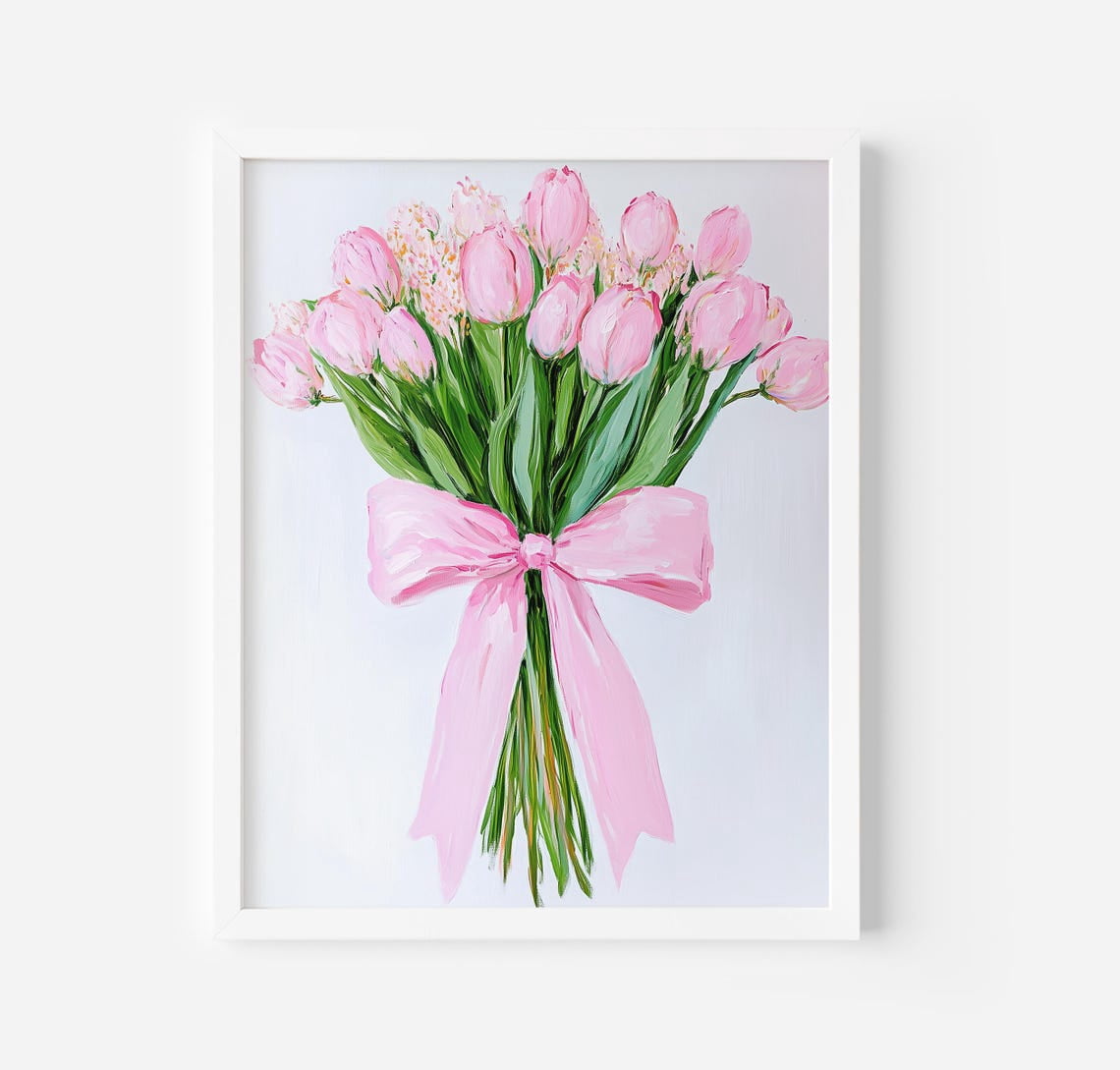 Tulip Flower Bouquet Art Print, Coquette Trendy Bow Print, Tulips ...