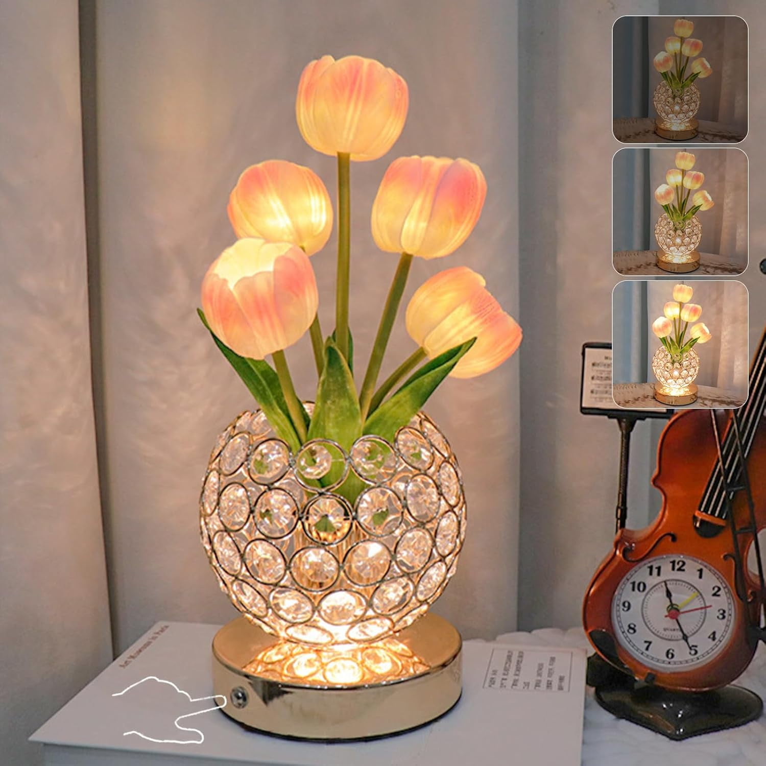 Tulip Flower Lamps, 3 Colors Touch Stepless Dimming Crystal Night Light, Rechargeable Artificial ...