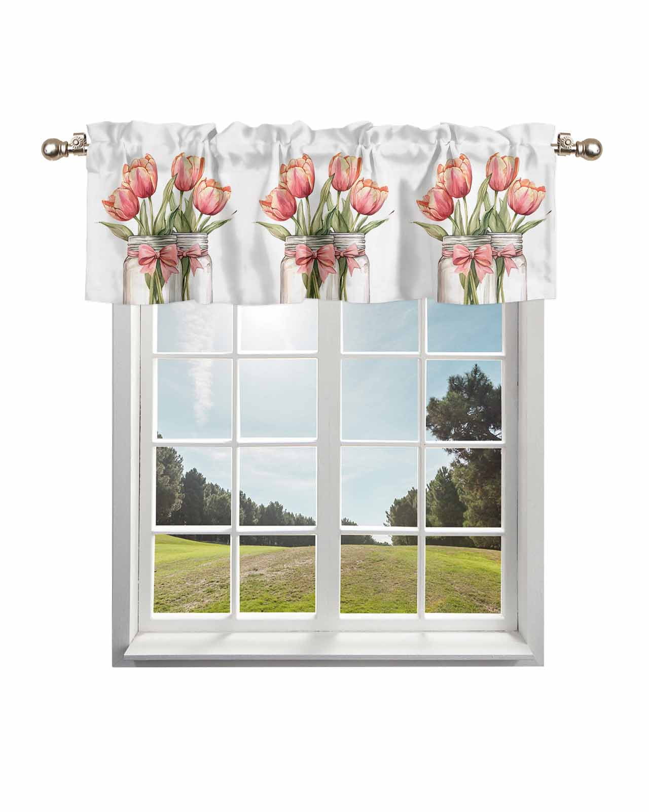 Tulip Flower Pink Red Curtain Valance for Windows/Living Room/Kitchen ...