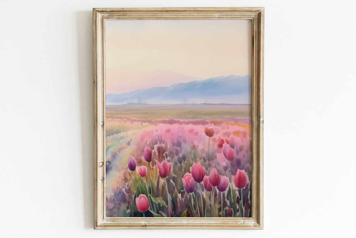 Tulip Painting, Pink Tulip Flower Wall Art, Flower Field Print, Floral ...