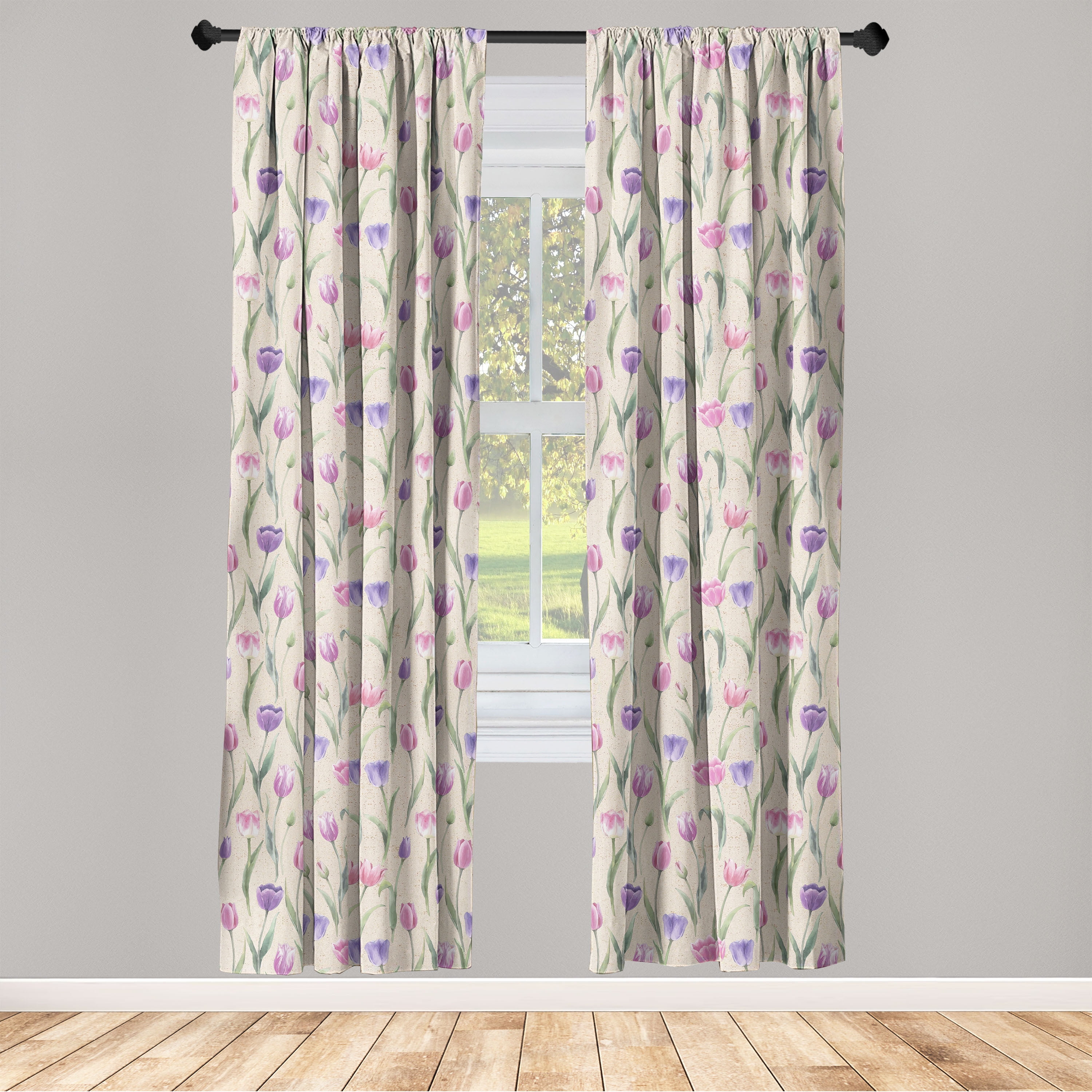 Tulip Pattern Window Curtains, Retro Vibes Blooming Flowers Boho Garden ...