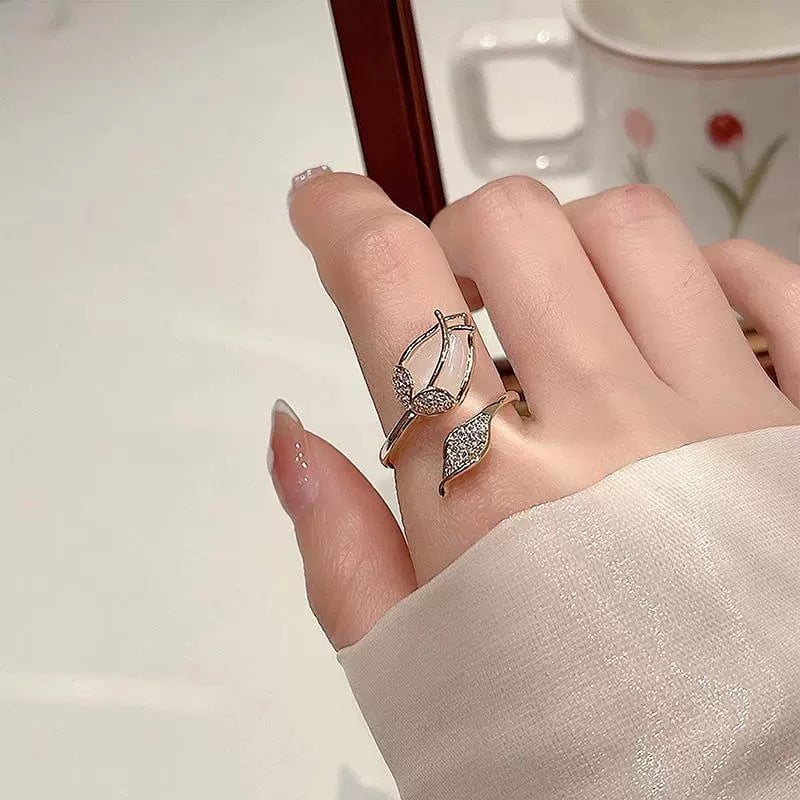 Tulip Ring for Women Crystal Flower Wrap Finger Band Open Statement ...