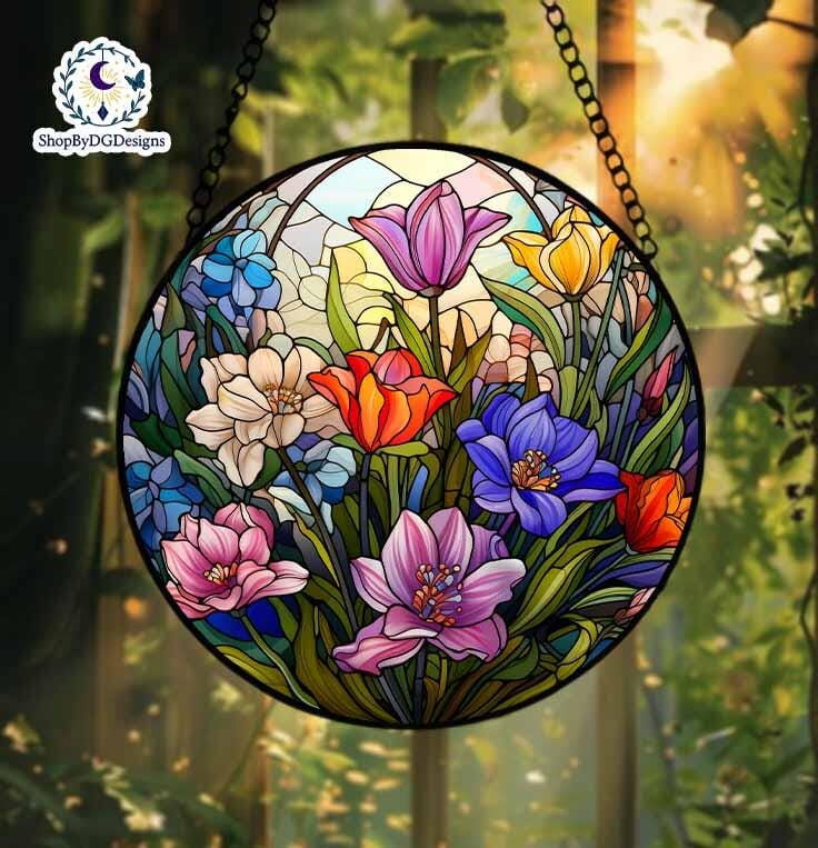 Tulip Stained Glass Suncatcher, Floral Acrylic Suncatcher, Colorful ...