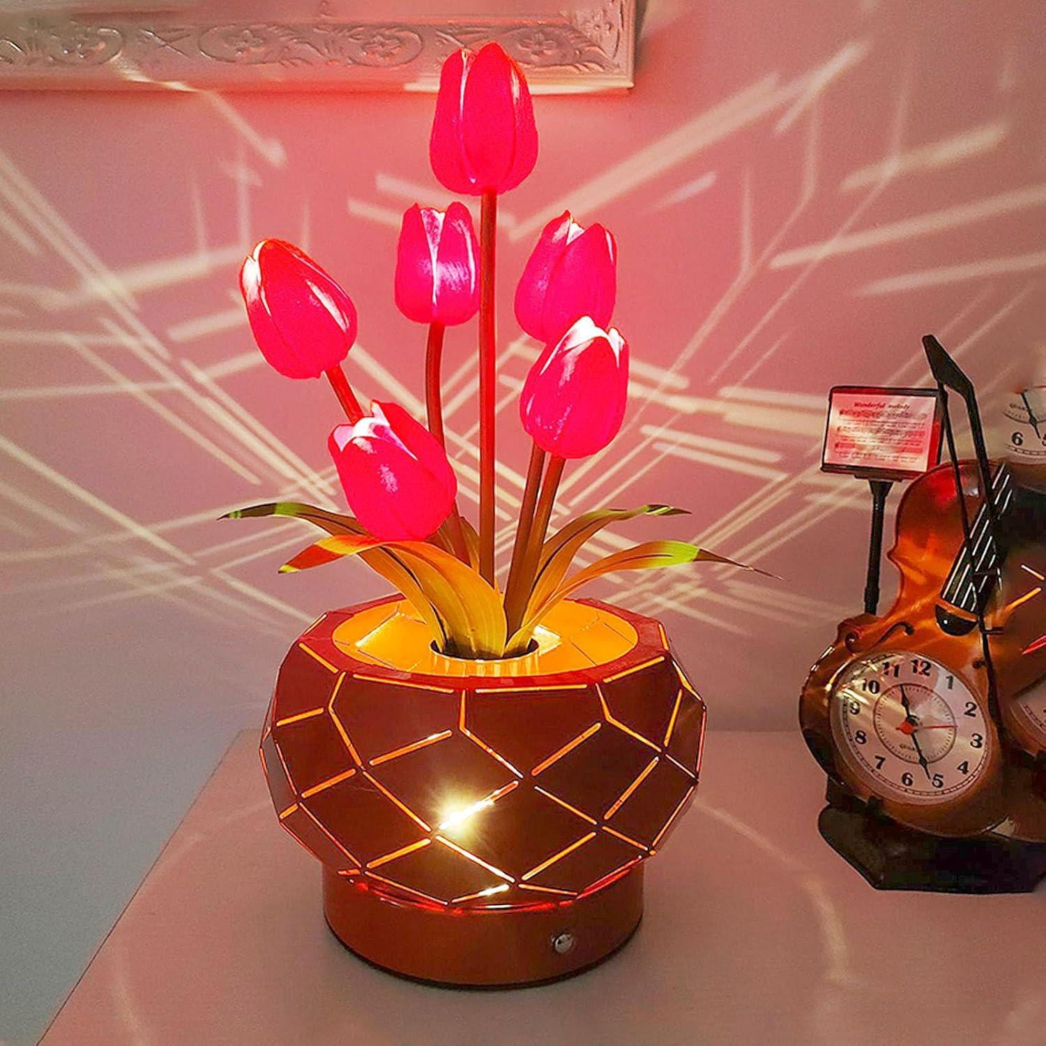 Tulip Table Lamp, 3 Colors Touch Dimming Flower with Vase Lamp ...