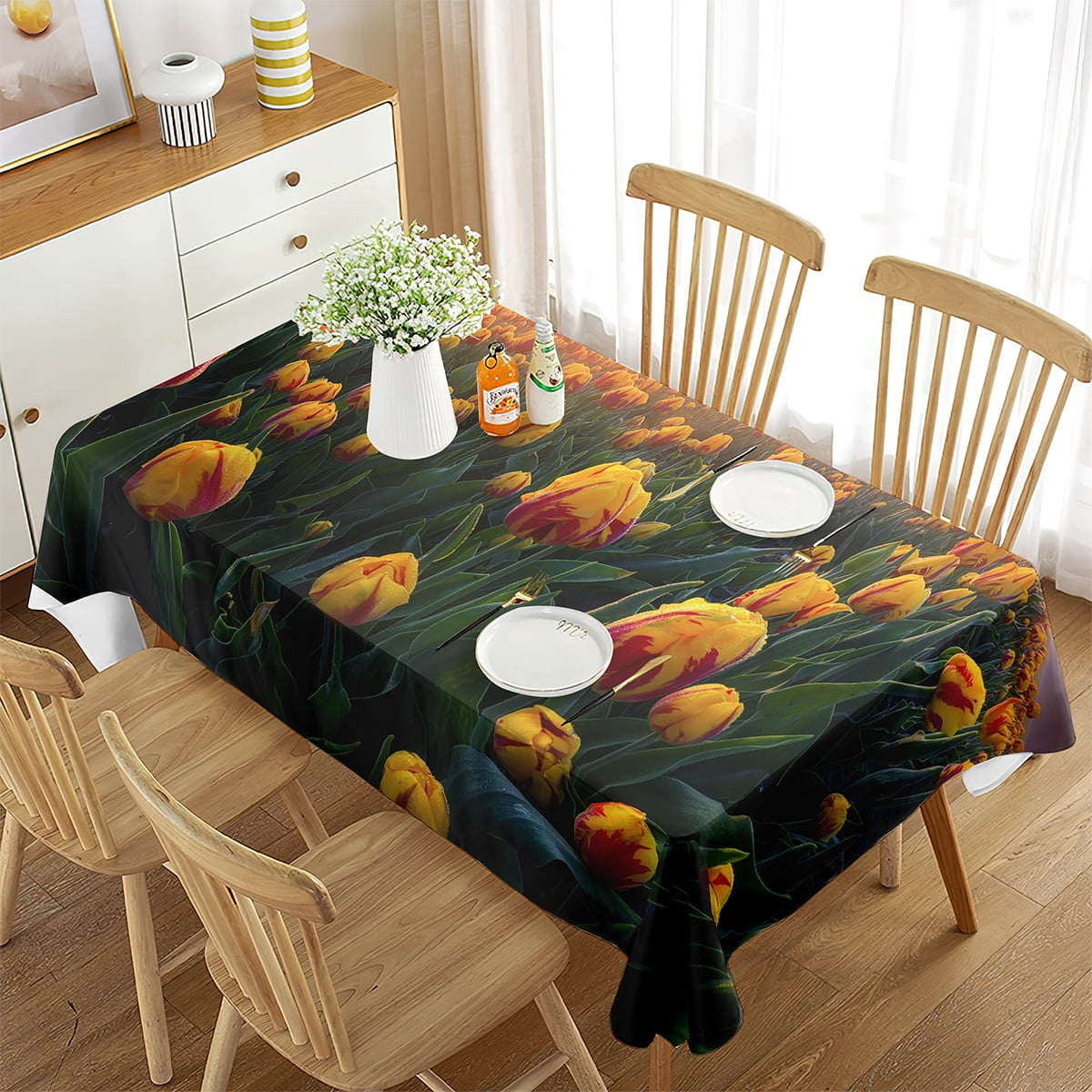 Tulip Tablecloth 3D Pink Flower Plant Pattern Table Cover Rectangle for ...