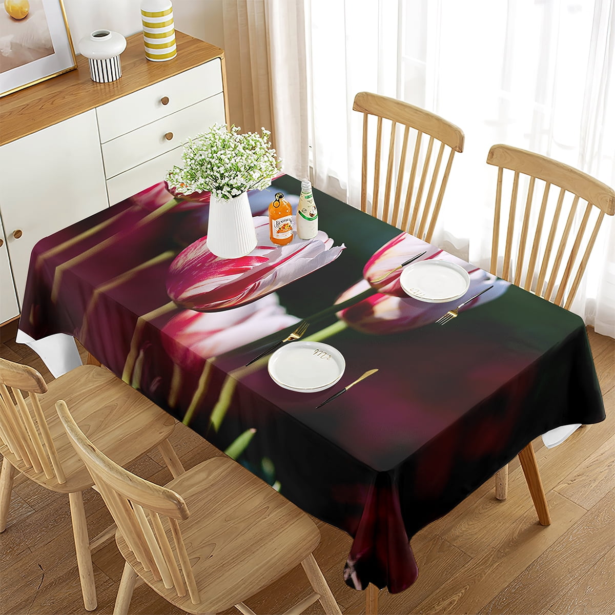 Tulip Tablecloth 3D Pink Flower Plant Pattern Table Cover Rectangle for ...