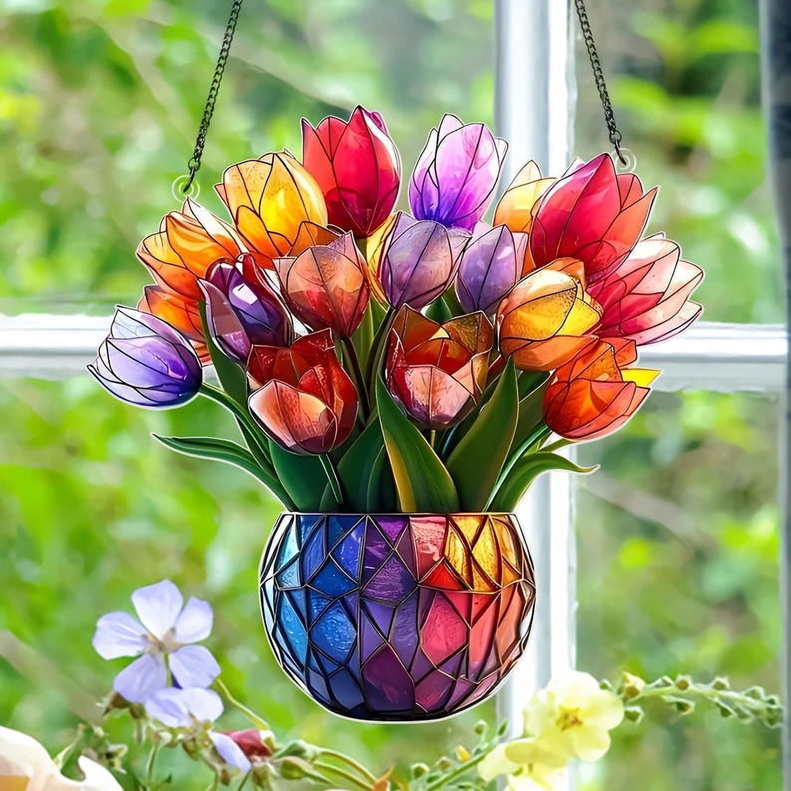 Tulip Window Hanging Basket, Colorful Flower 2D Acrylic Suncatcher ...