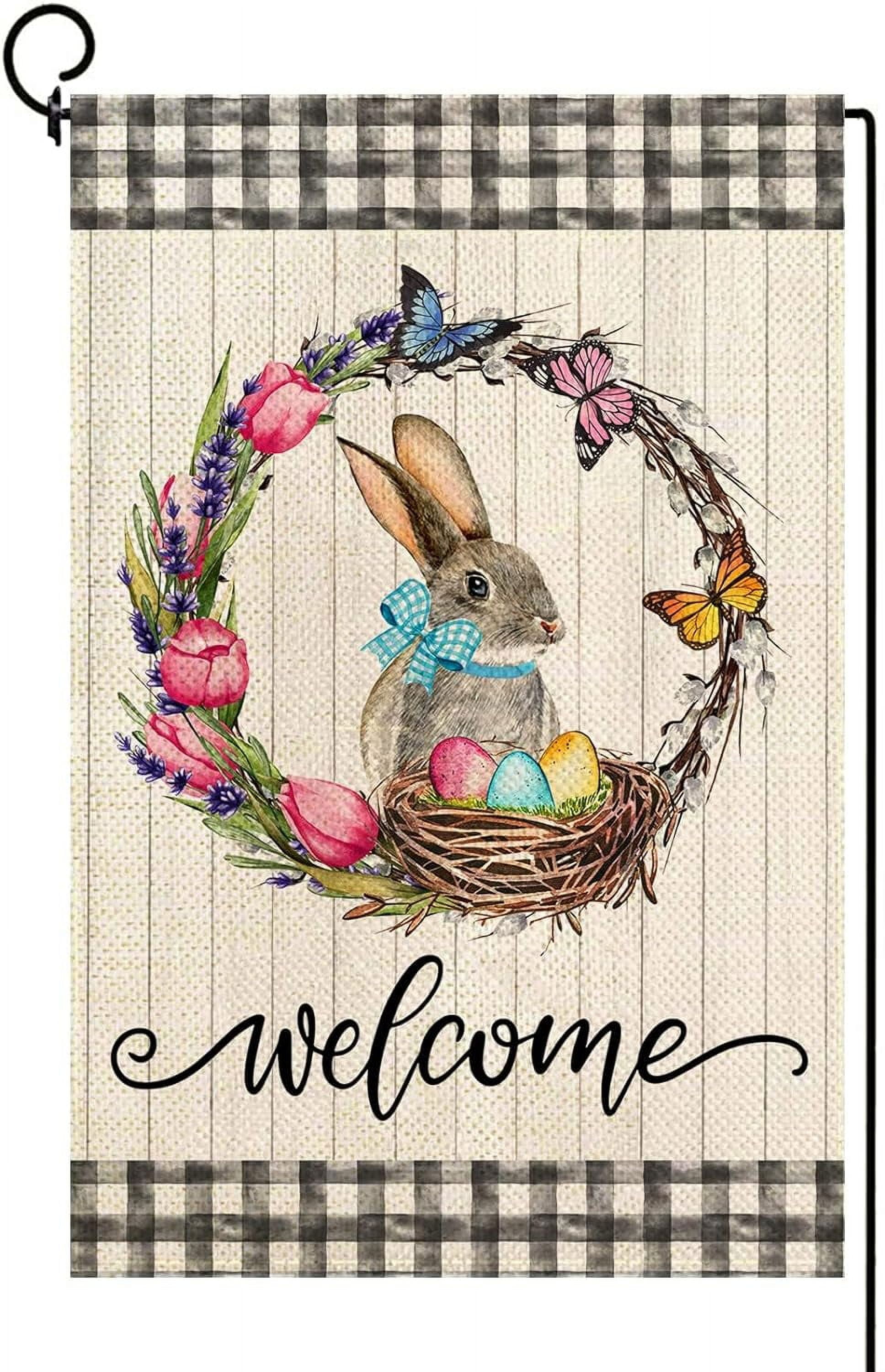 Tulip Wreath Welcome Garden Flag Double Sided Buffalo Plaid Easter Egg ...