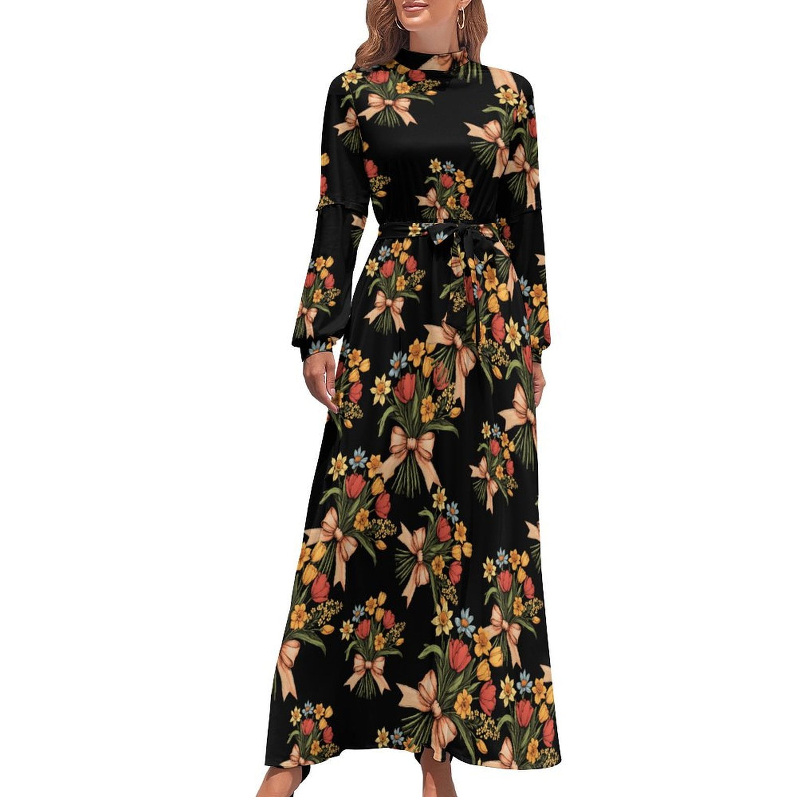 Tulips Flowers Women's Fall Maxi Dress Long Sleeve Turtleneck Flowy ...