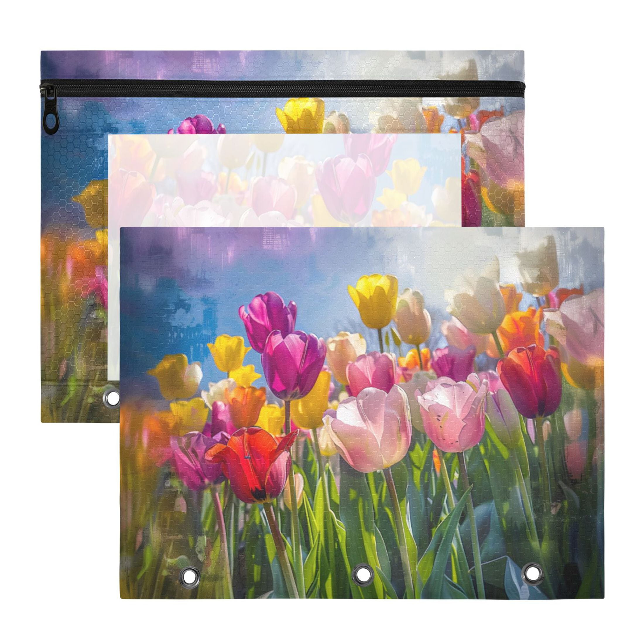 Tulips Oil Painting 3-Ring Binder Pouches A4 Size Zipper Pocket File ...