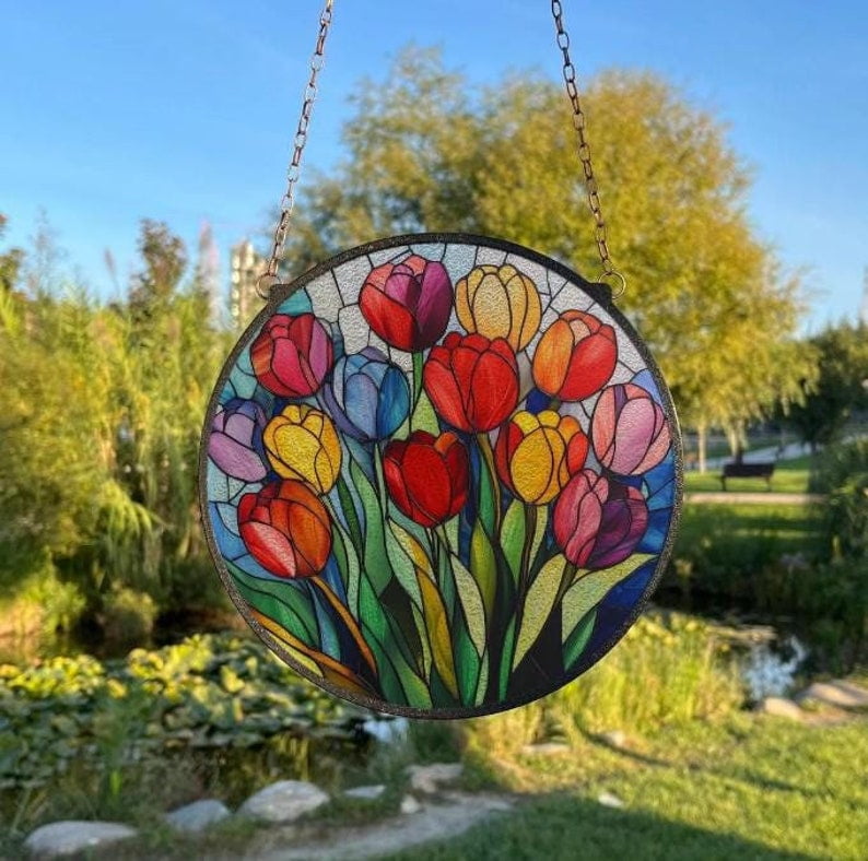 Tulips Stained Glass Suncatcher, Colorful Floral Window Hanging, Spring ...