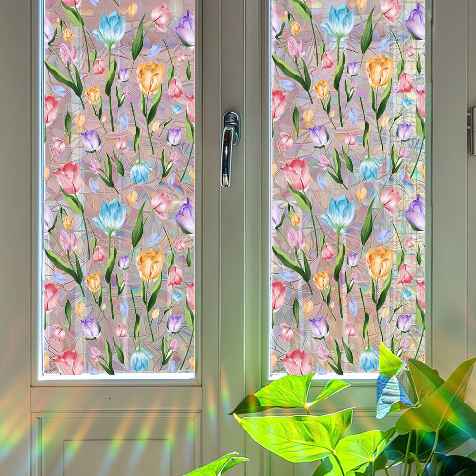 Tulips Stained Glass Window Privacy Film,Removable Non-Adhesive Privacy ...