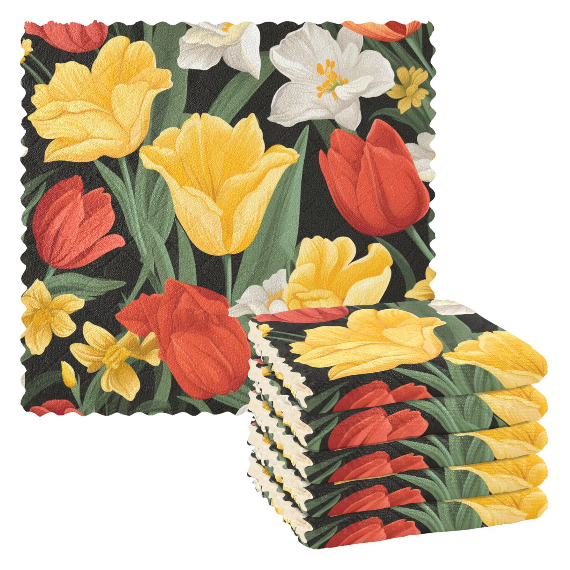 Tulips and Daffodils Kitchen Cloth Dish Towels for Drying Washing ...