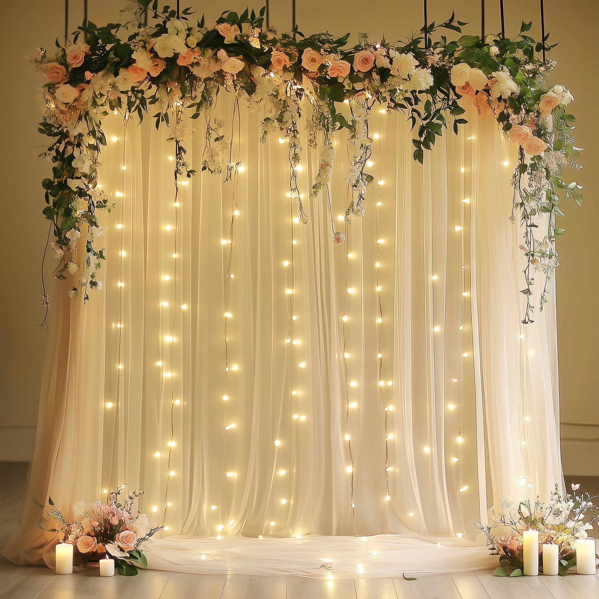 Tulle Backdrop Curtain with Lights String 10FT X 10FT Champagne Sheer ...