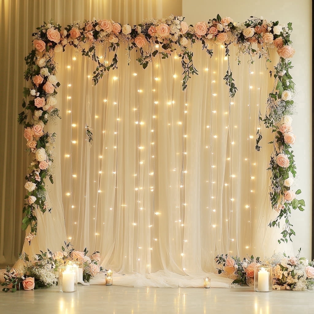 Tulle Backdrop Curtain with Lights String 10FT X 8FT Champagne Sheer ...