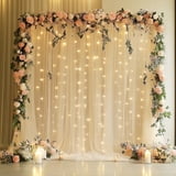 Tulle Backdrop Curtain with Lights String 10FT X 8FT Champagne Sheer ...