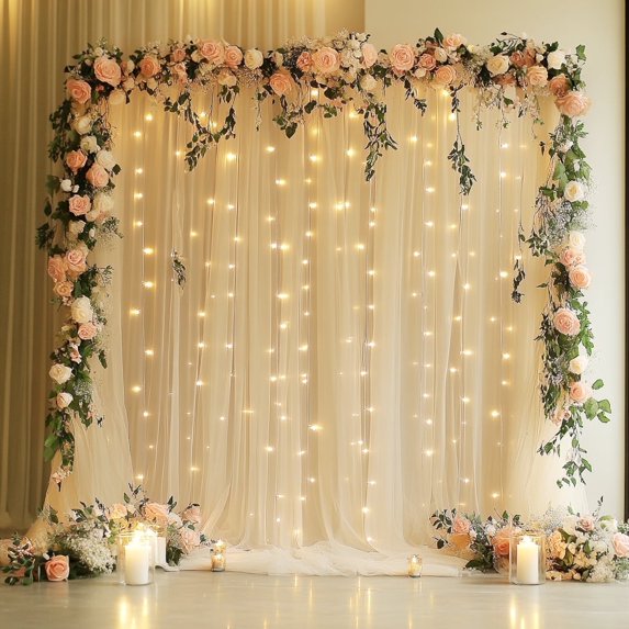 Tulle Backdrop Curtain with Lights String 10FT X 8FT Champagne Sheer ...