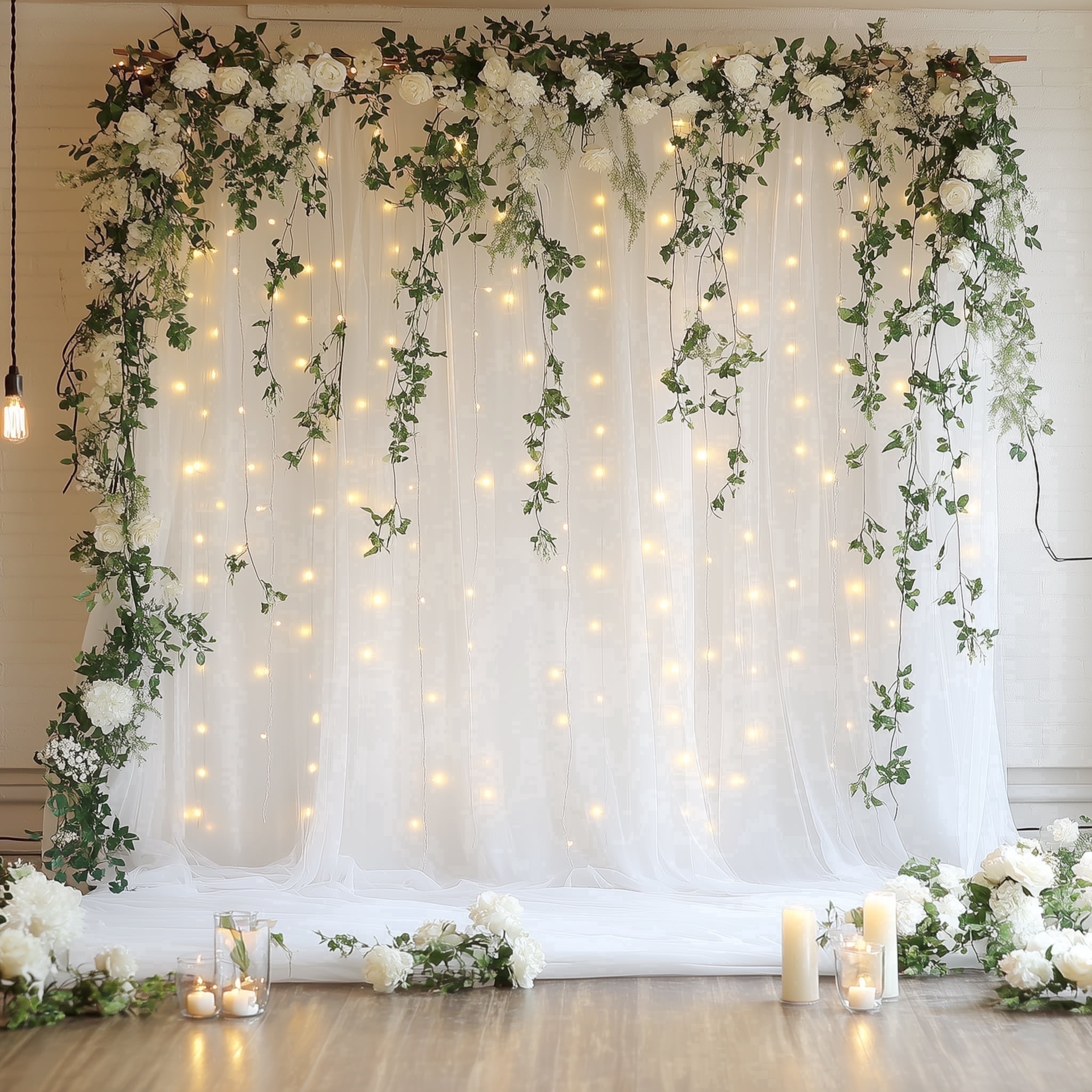 VGMiu Tulle Backdrop Curtain with Lights String 10FT x 8FT White Sheer ...
