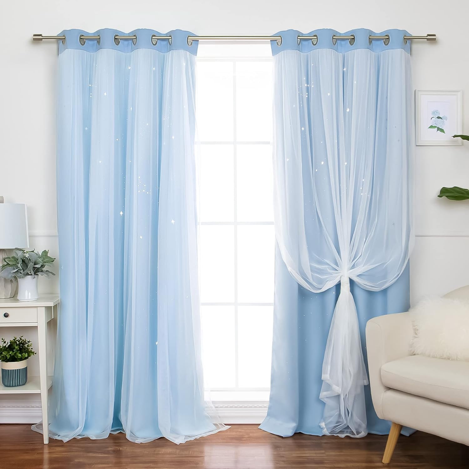 Tulle Overlay Blackout Laser Cut Starry Sky Curtain Pair, Silver ...