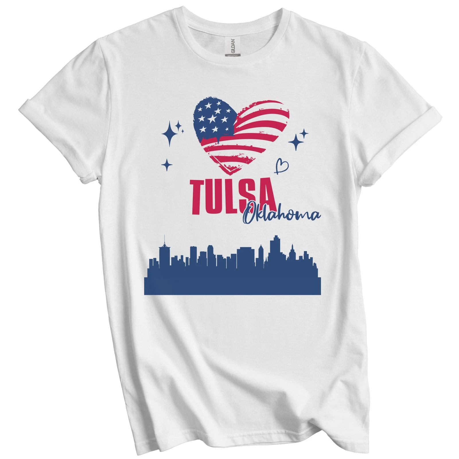 Tulsa Oklahoma Skyline American Flag Heart 4th of July T-Shirt ...