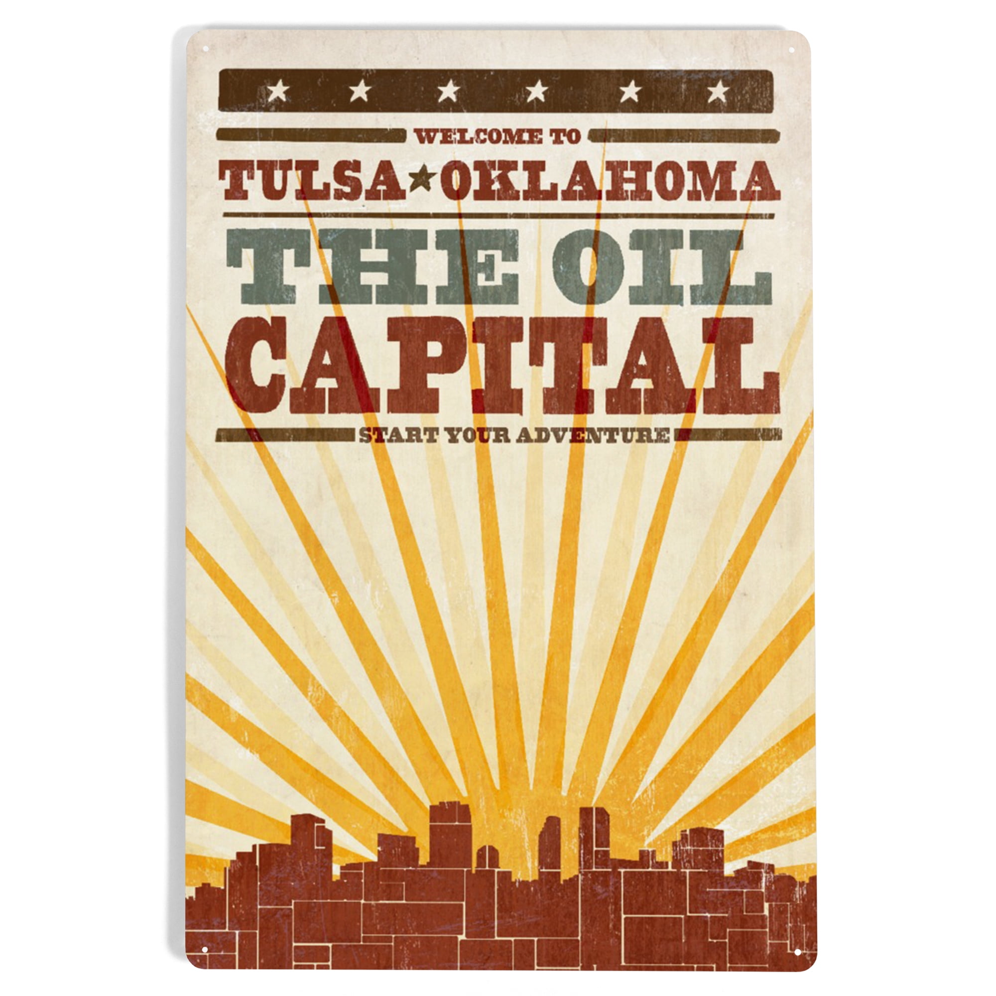 Tulsa, Oklahoma, Skyline and Sunburst Screenprint Style (12x18 Aluminum ...