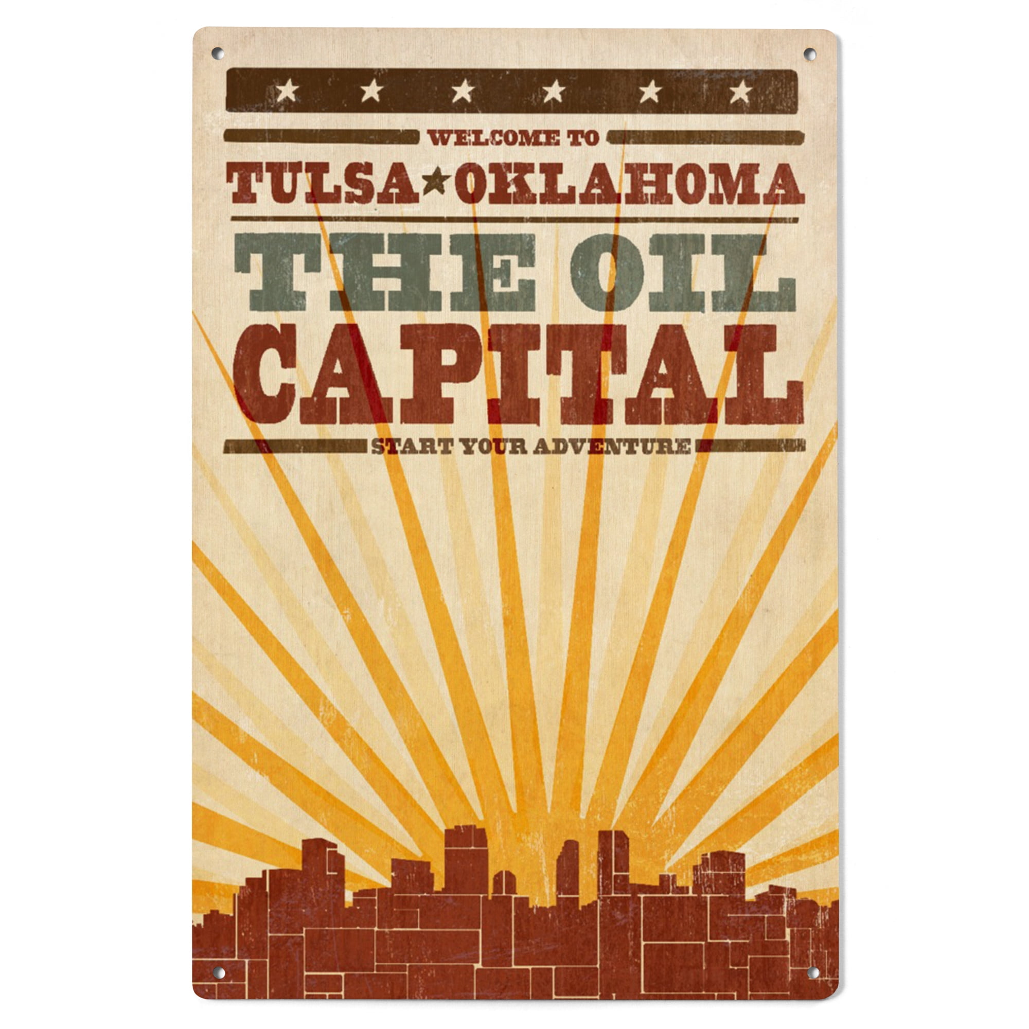Tulsa, Oklahoma, Skyline and Sunburst Screenprint Style Birch Wood Wall ...