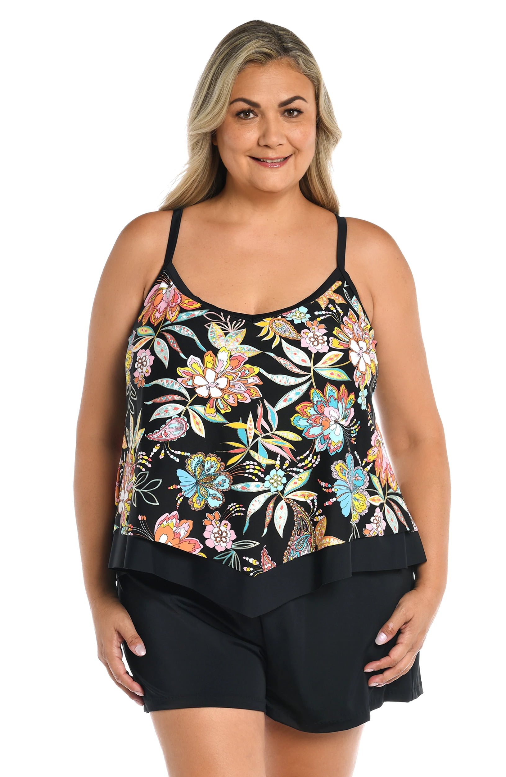 Tulum Tiki Floral Flutter Hem Tankini Top Plus Size Final Sale