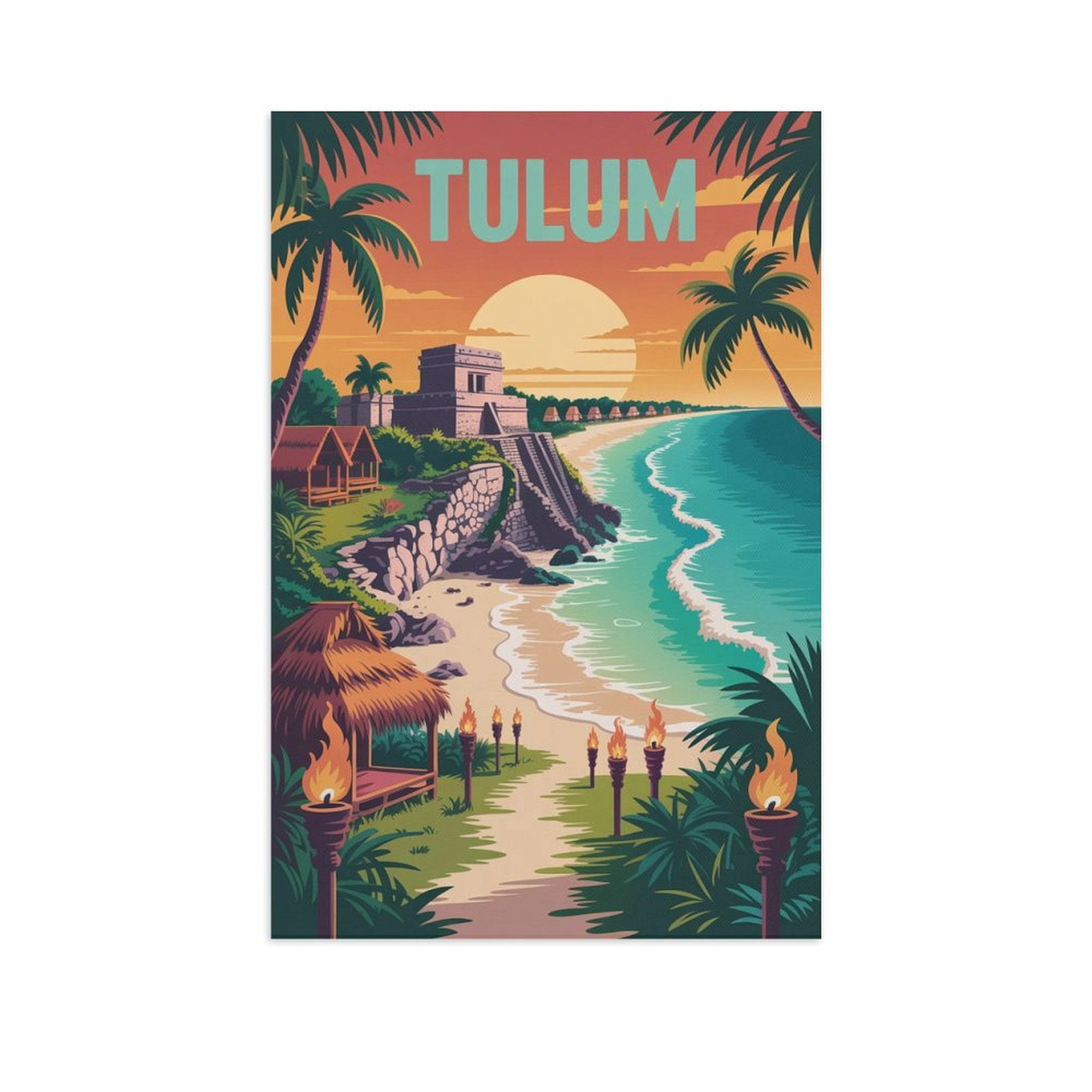 Tulum Vintage City Travel Poster with Torchlit Paths And Turquoise ...