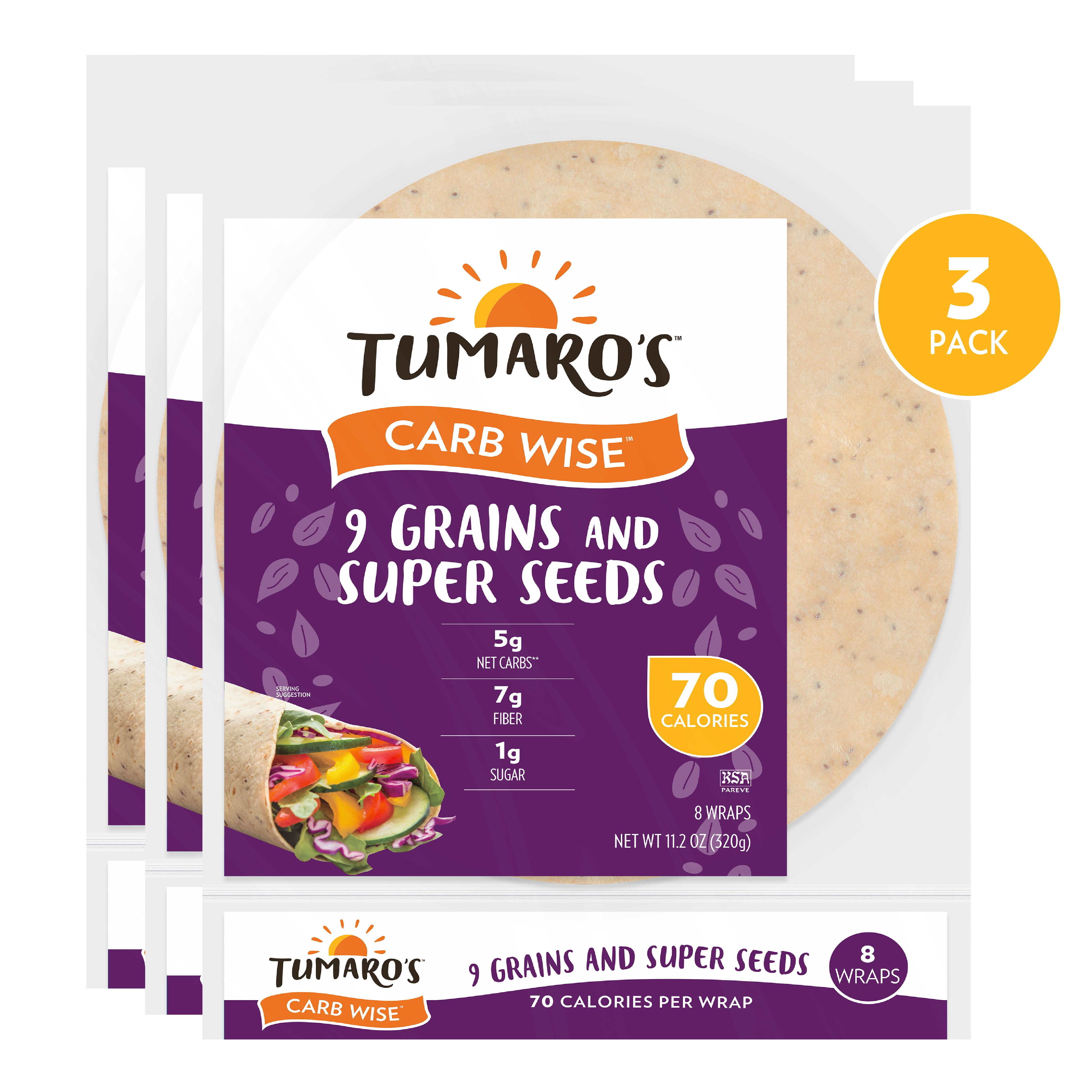 Tumaro's 9 Grain and Super Seeds Carb Wise Wraps, 3 pack, 24 count ...