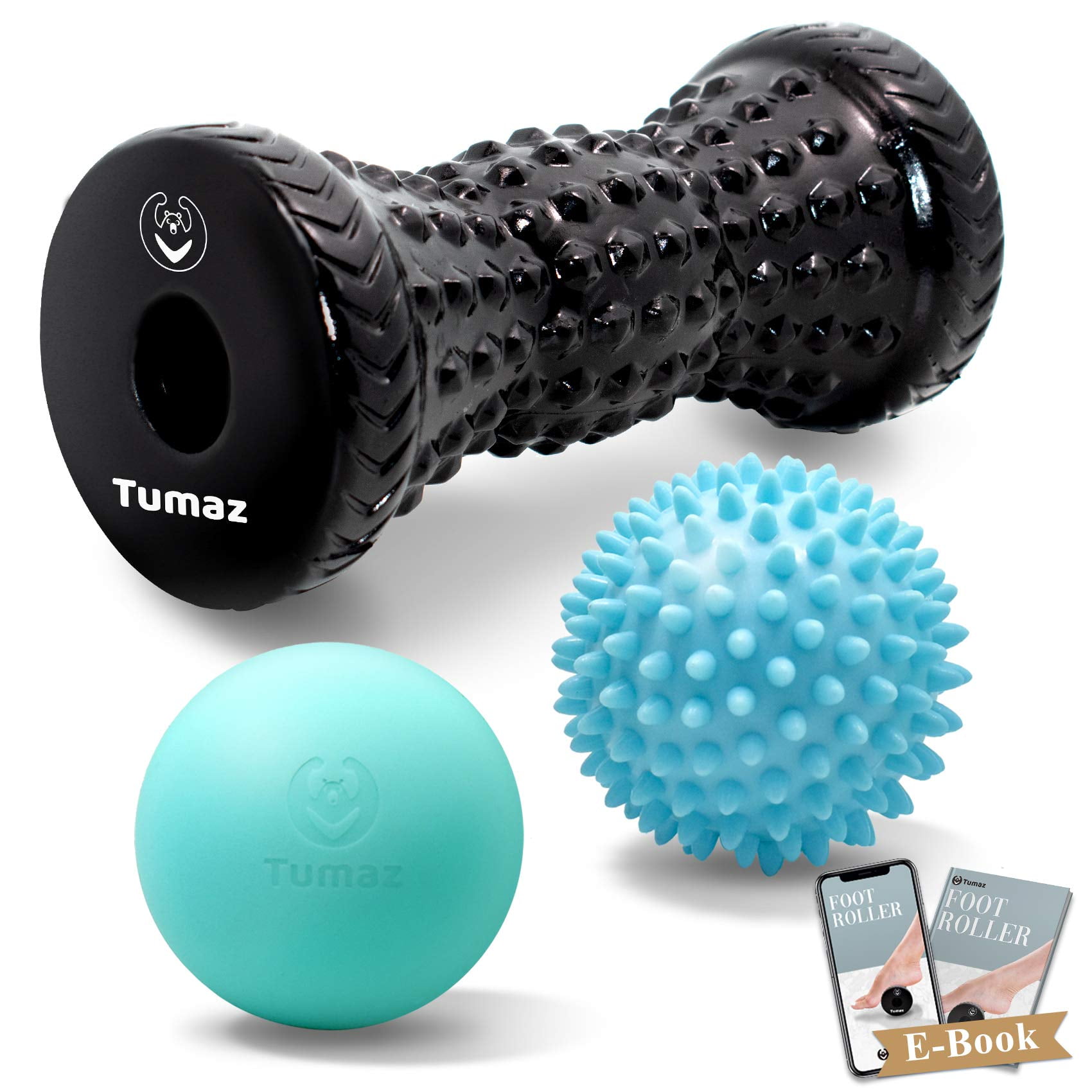 Tumaz Massage Ball & Foot Roller 3-in-1 Set with Spiky Ball, Lacrosse Ball, Massage Roller ...