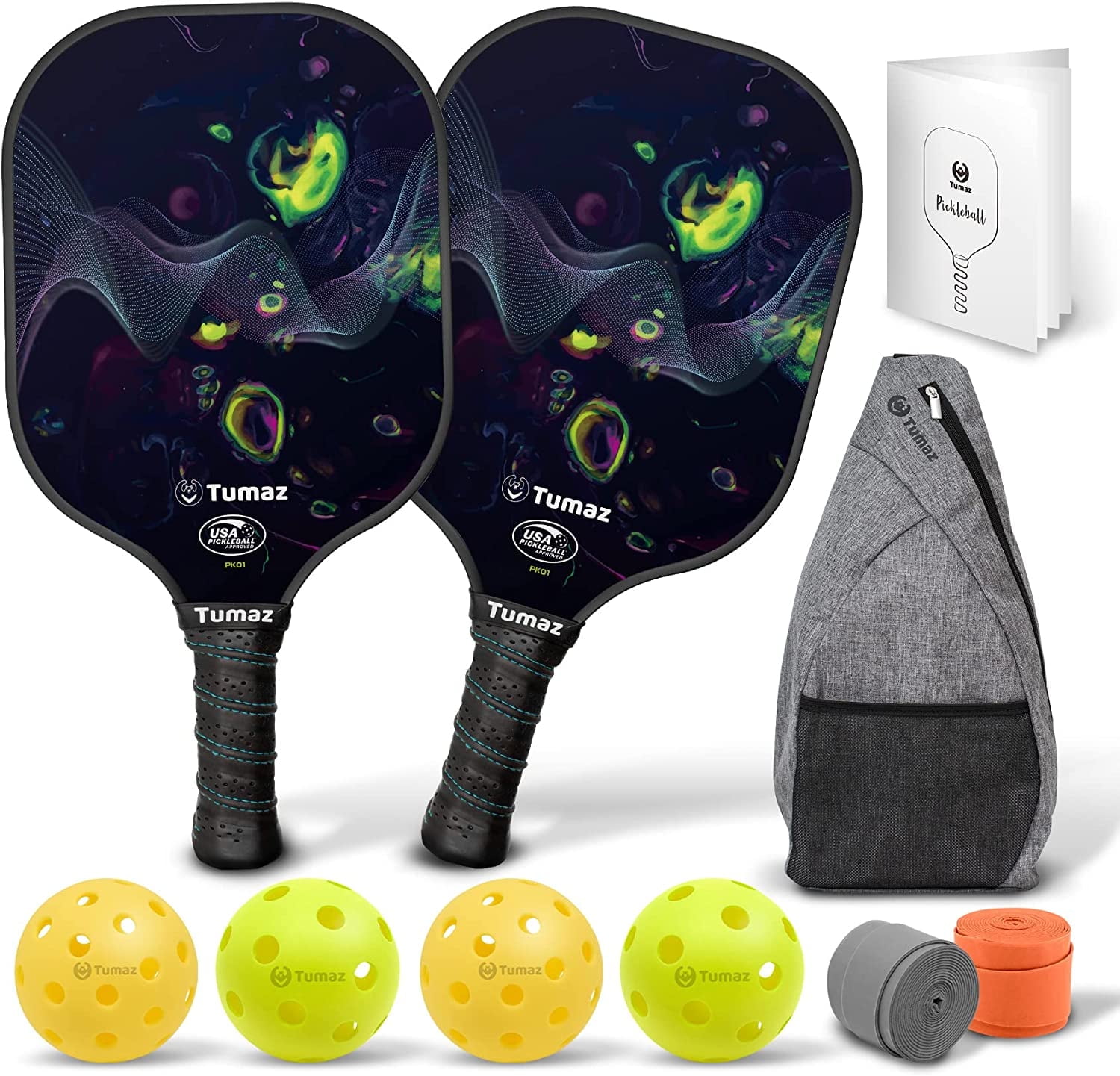 Tumaz USA Approved Pickleball Paddle Set, 2 Honeycomb Core Paddles, 4 ...