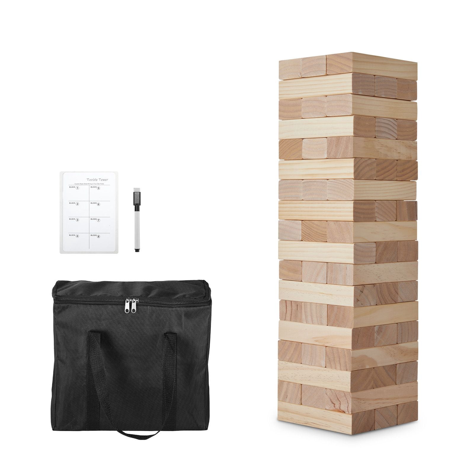 Tumbling Tower Game with 54 Pine Wood Blocks,Portable Carry Bag and ...