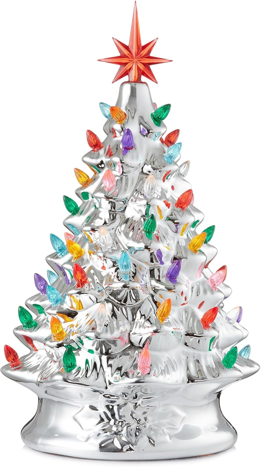 Tumis Hand Painted Ceramic Christmas Tree, Silver 15-Inch Pre-Lit Tree ...