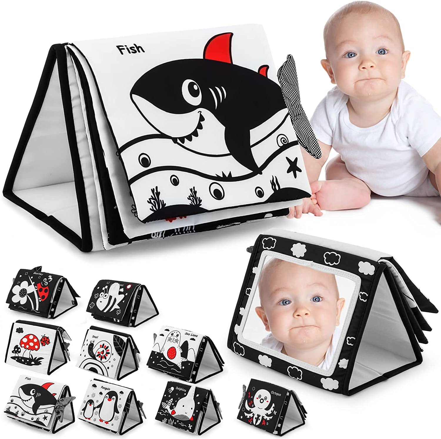 Tummy Time Baby Floor Mirror Toys with Crinkle Cloth Book, Black and ...