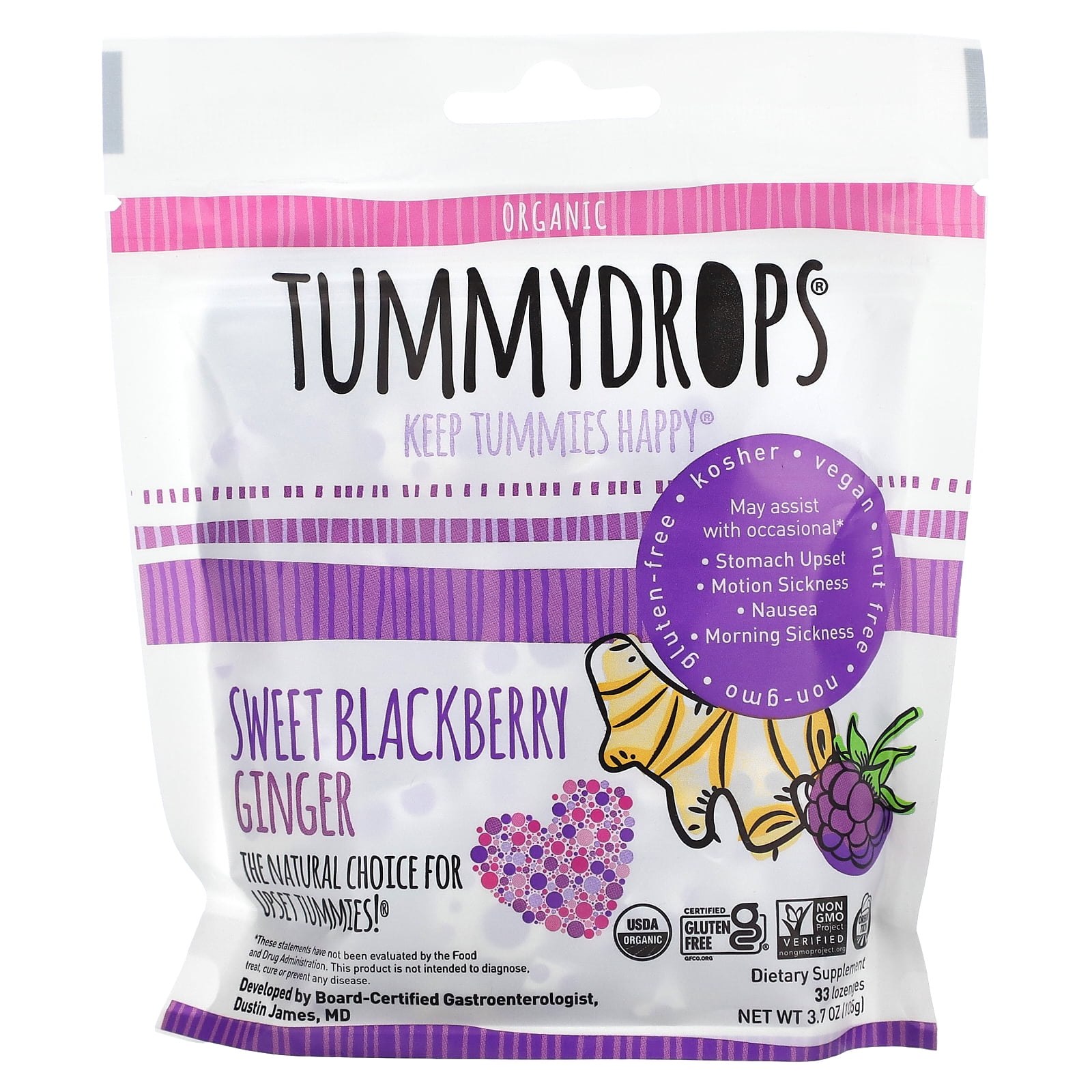 Tummydrops Comfort Tummy Lozenges, USDA Organic Sweet Blackberry Ginger ...