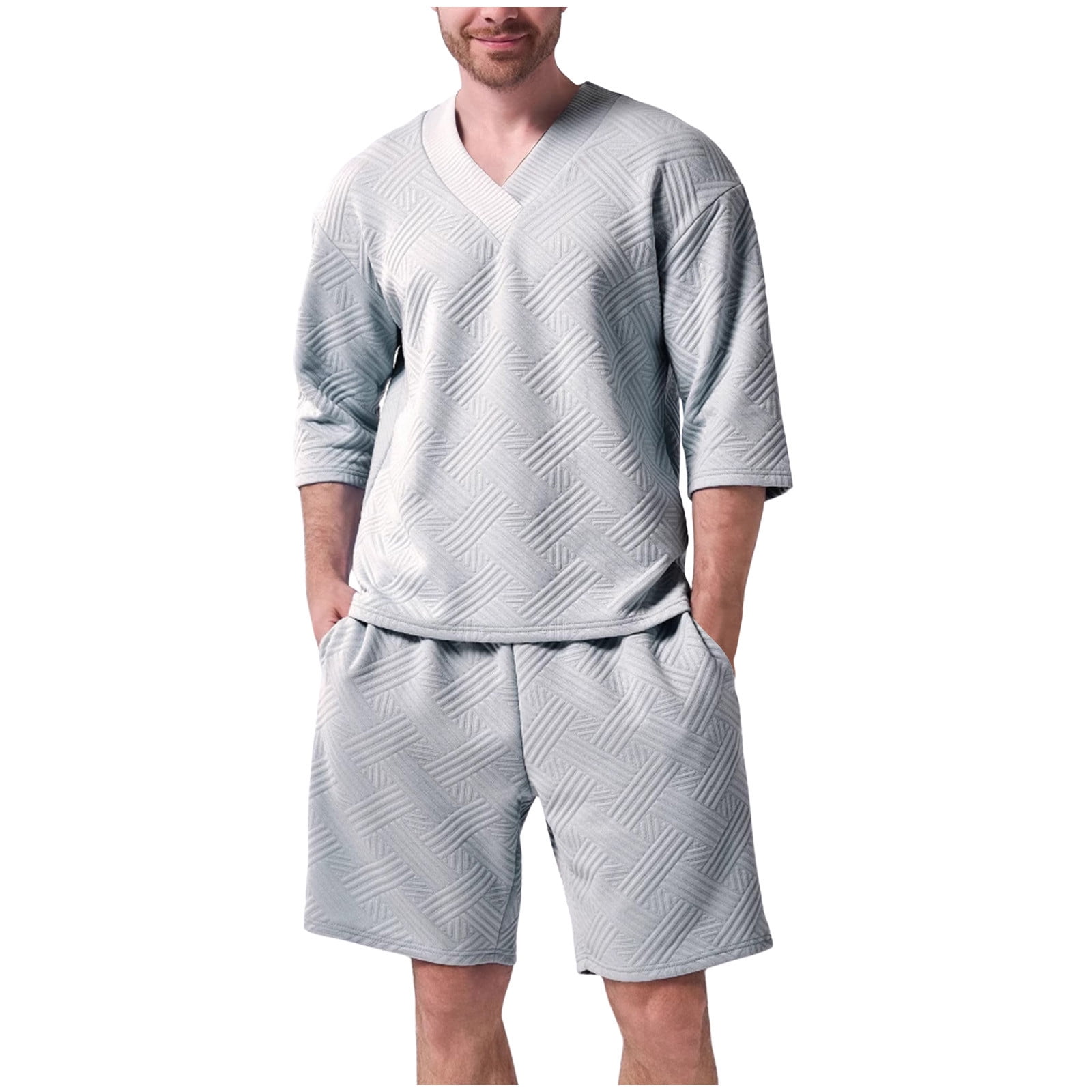 Tumotour 2 Pieces Going Out Outfits For Men Casual V Neck Texture Short ...