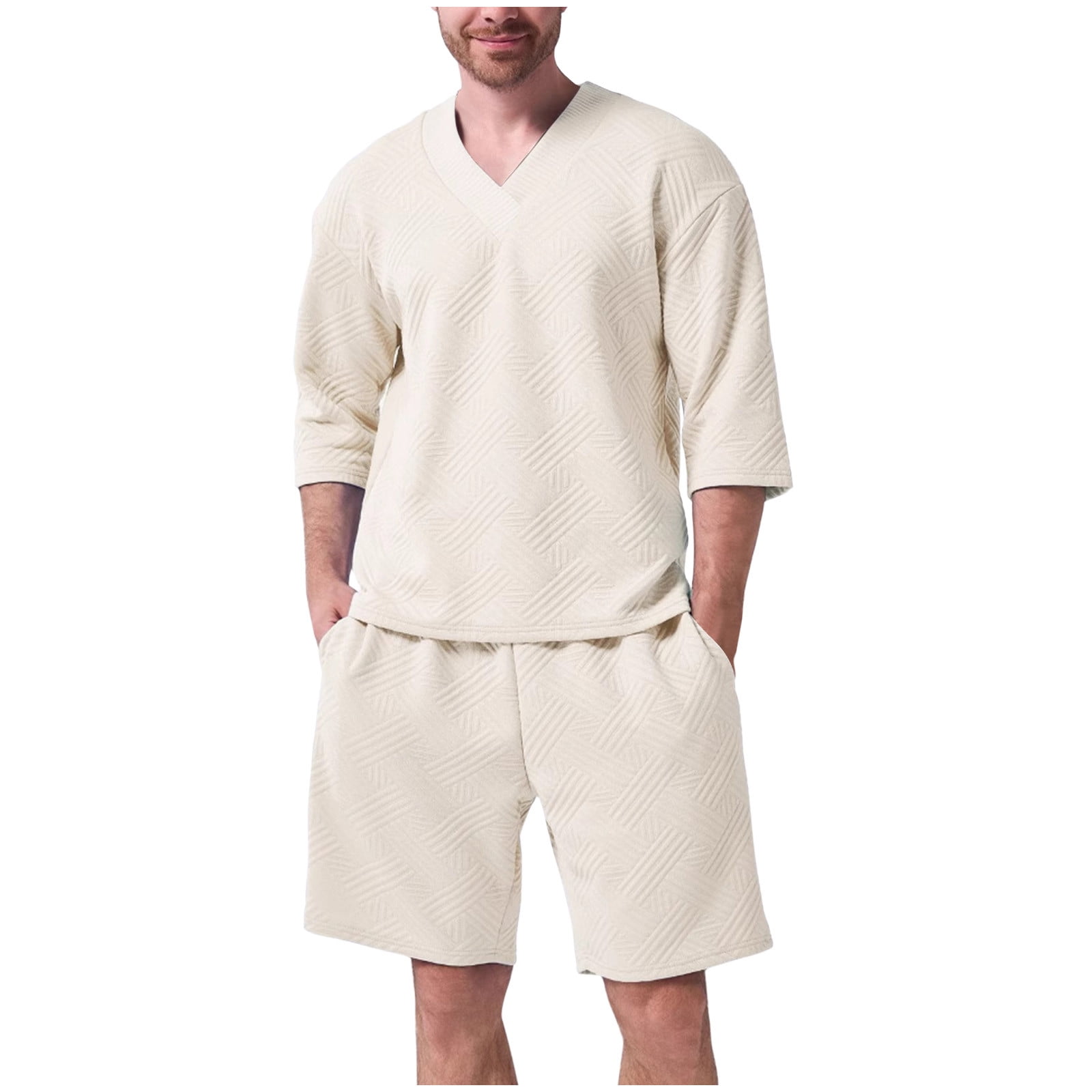 Tumotour 2 Pieces Going Out Outfits For Men Casual V Neck Texture Short ...