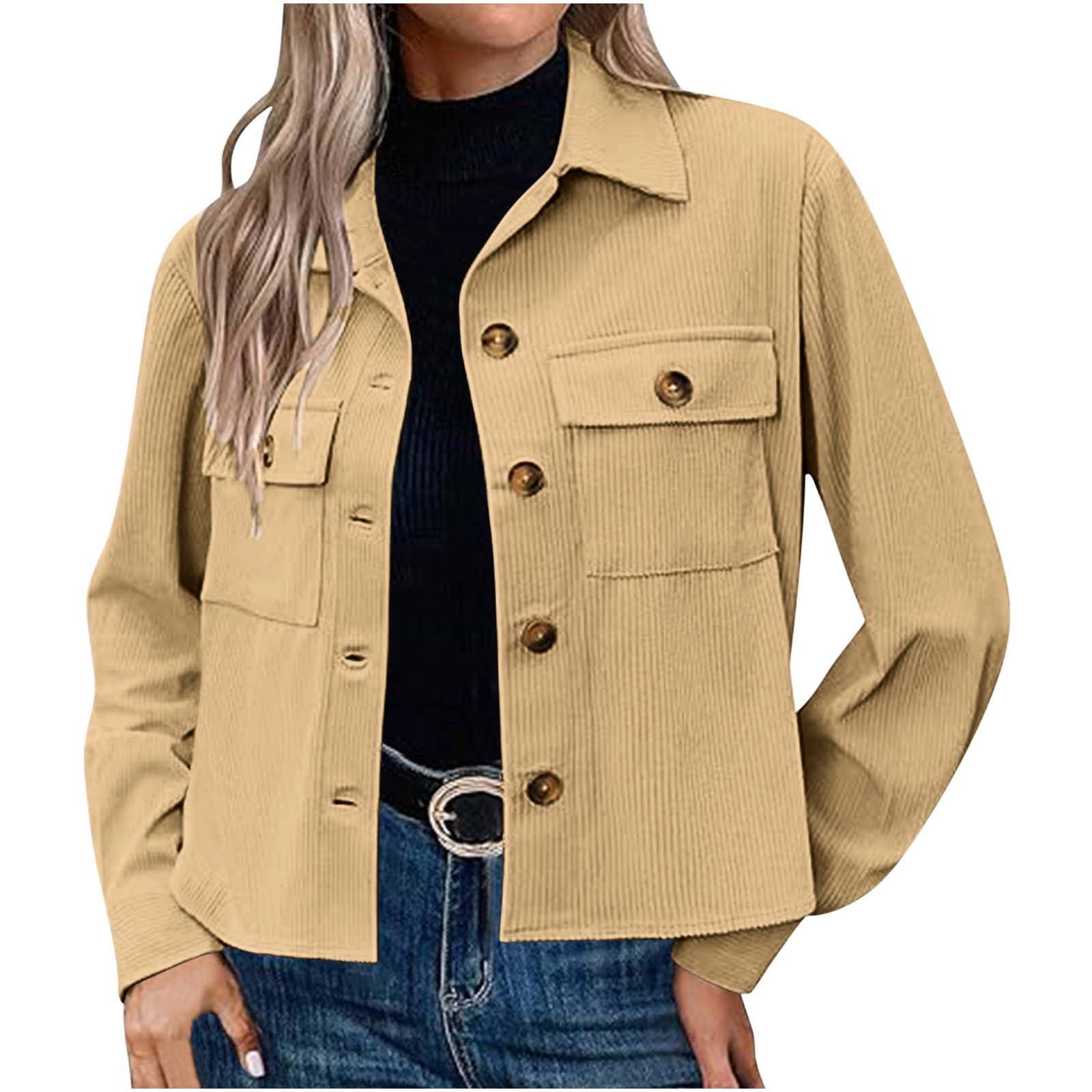 Tumotour Crop Jackets For Women Corduroy Button Down V Neck Long Sleeve ...